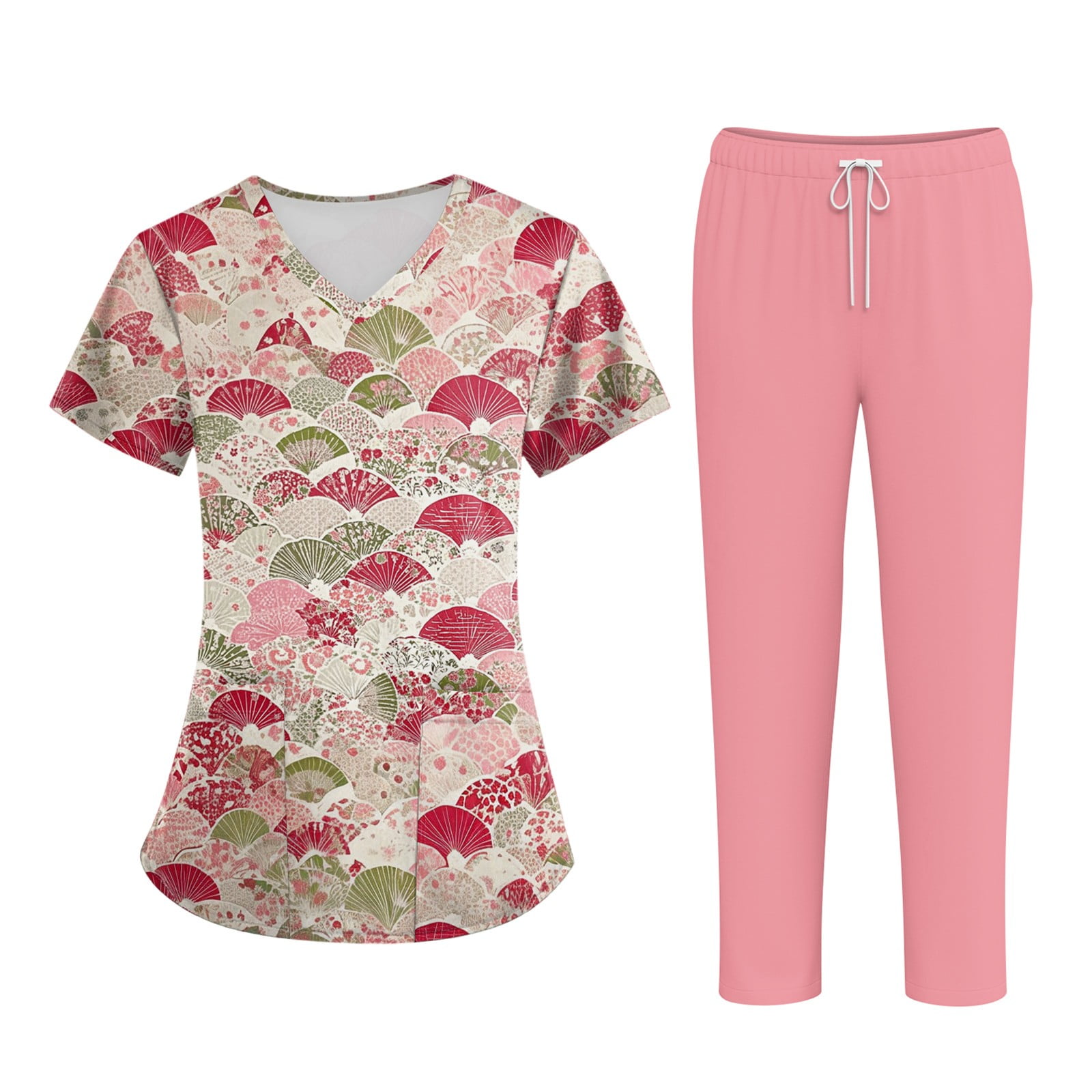 Fashion Print Nursing Uniforms Scrub Set for Women Short Sleeve Scrubs Tops Drawstring Pocket ...