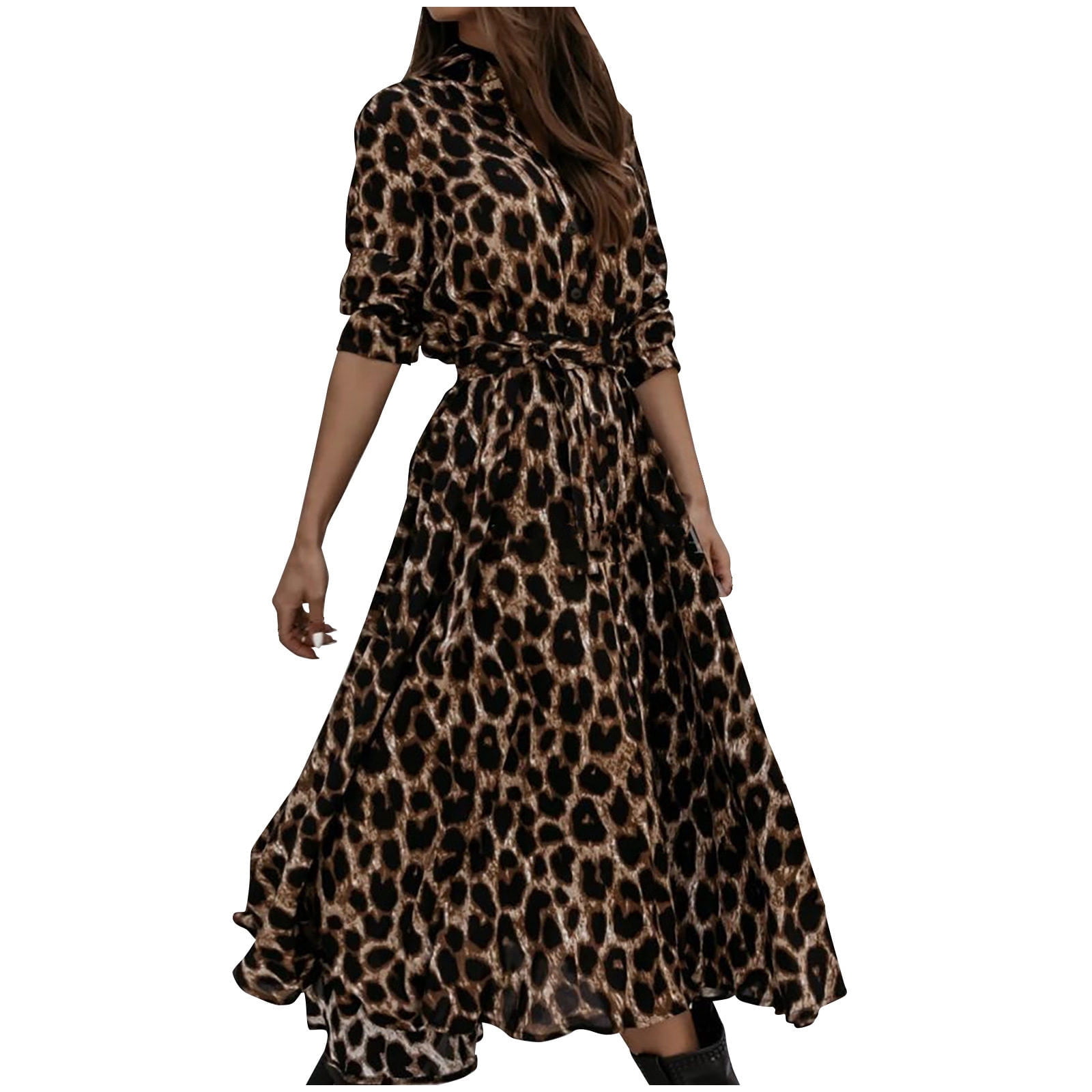 Fashion Printed Long Dress Stand Collar Single Leopard Dress Short ...