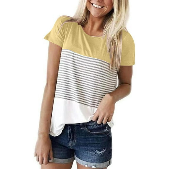 Fashion Pullover Top for Women, Color Block Striped Short Sleeve Blouse ...