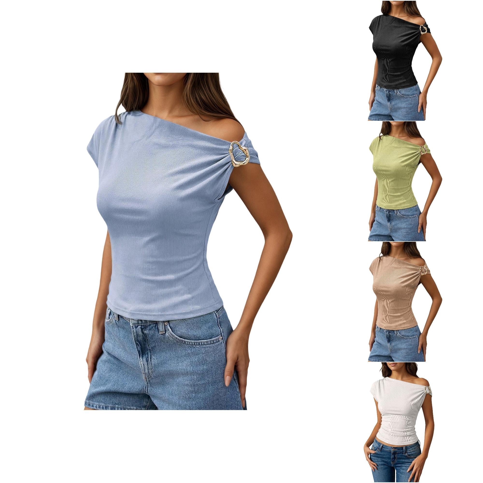 Fashion Ribbed Slim Fit Asymmetric Off Shoulder Casual Basic Tee Shirt ...