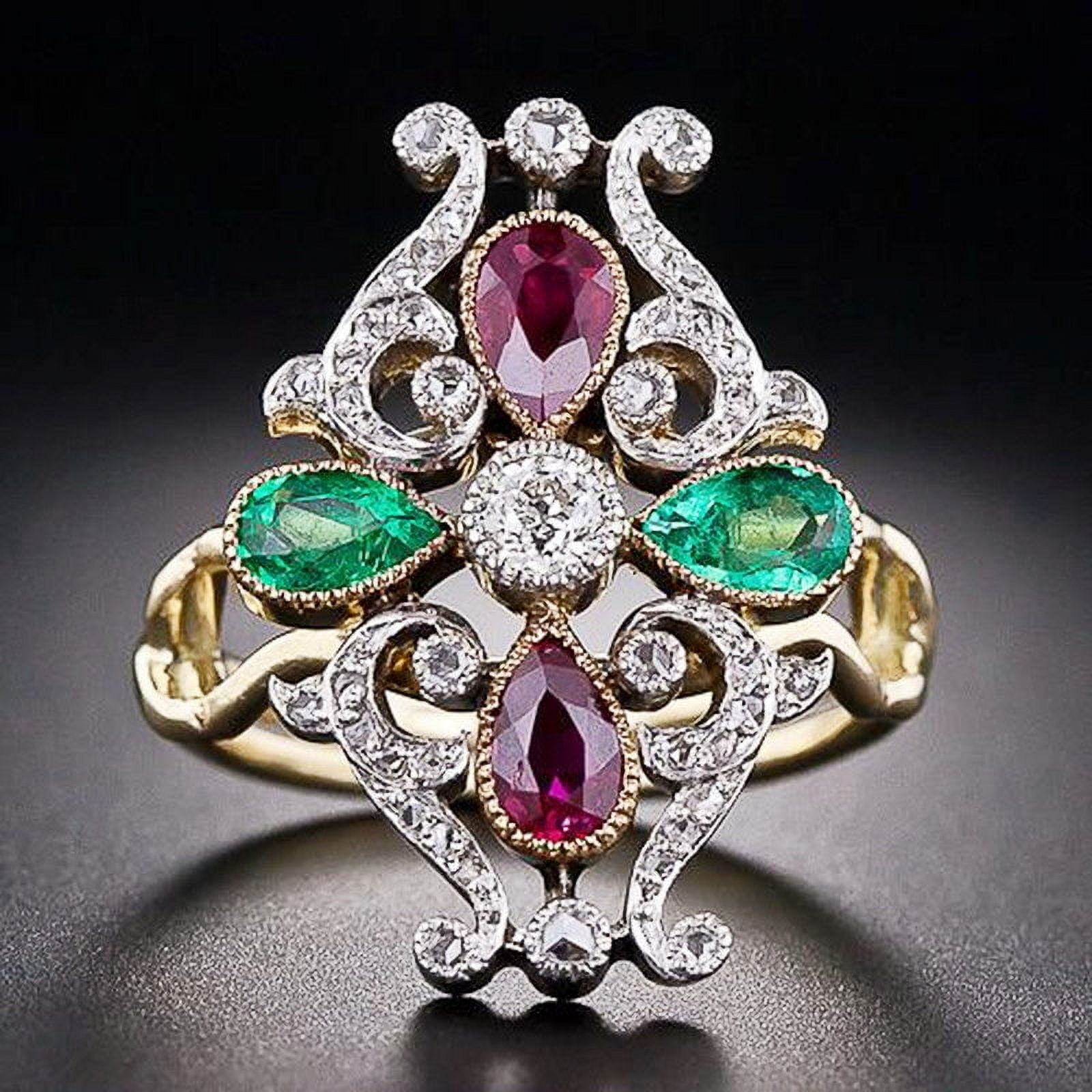 Fashion Ring: Gold Two-Tone Crown Design Between Green & Red Zircon ...