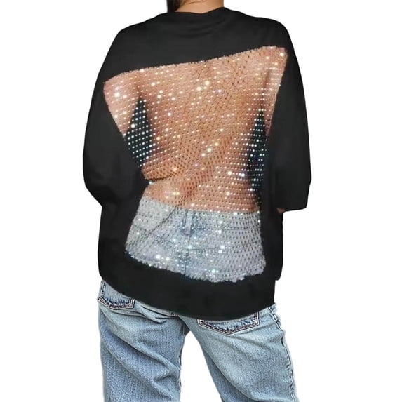 Fashion Round Neck Mesh Hollow Out Backless Loose Fit Casual Rhinestone ...