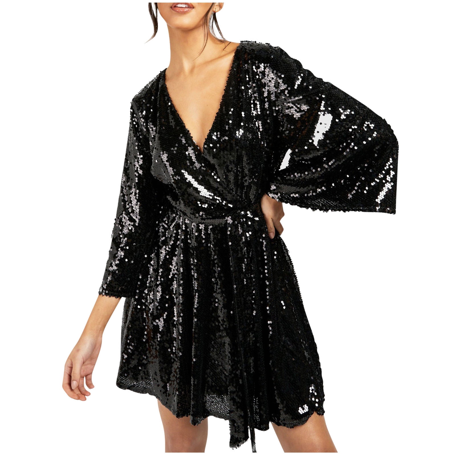 Fashion Sequin Dress for Women Wrap V Neck Loose Fit Clubwear Dress ...