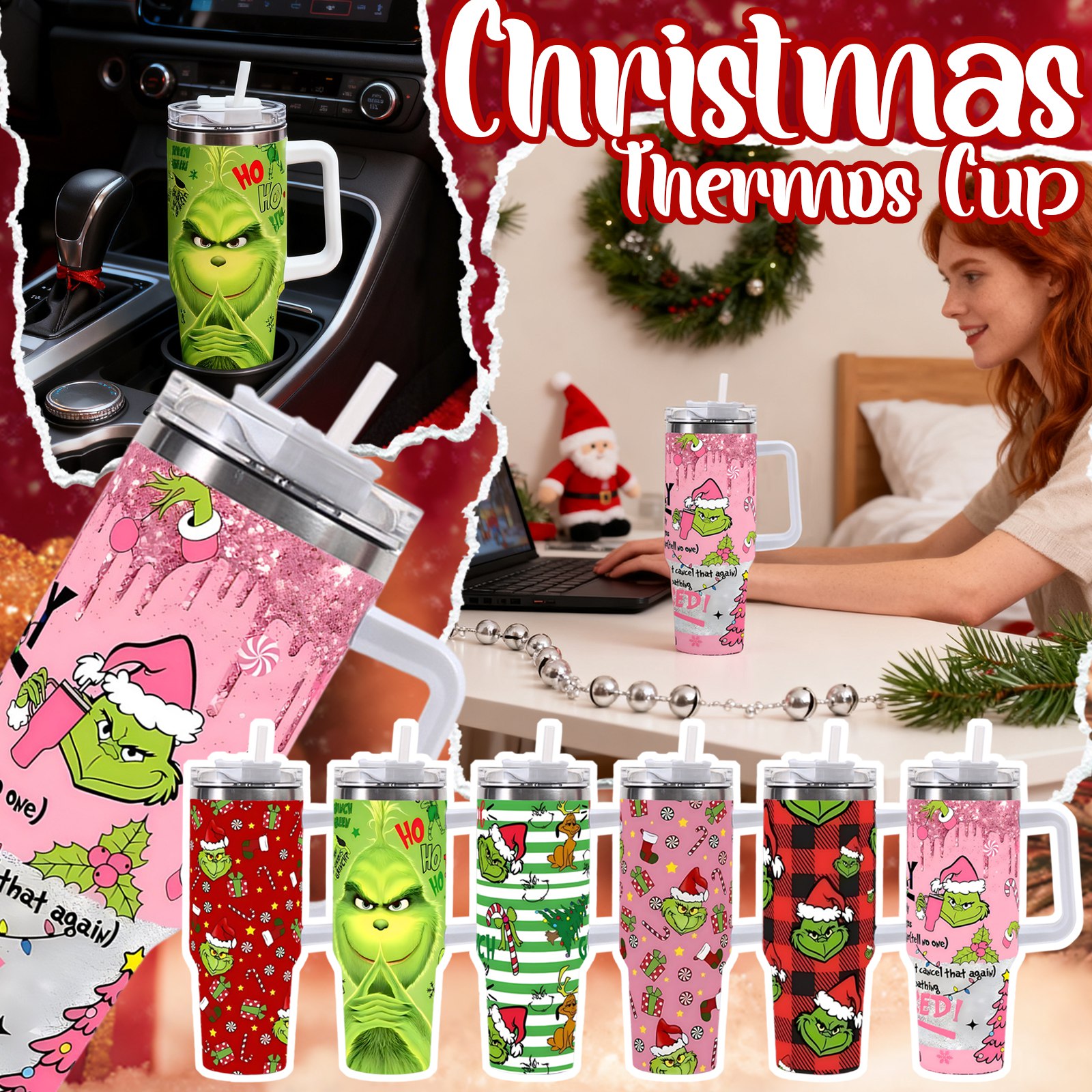 Fashion 𝑮𝒓𝒊𝒏𝒄𝒉 Series Stainless Steel Car Cup, 40oz Christmas Themed ...