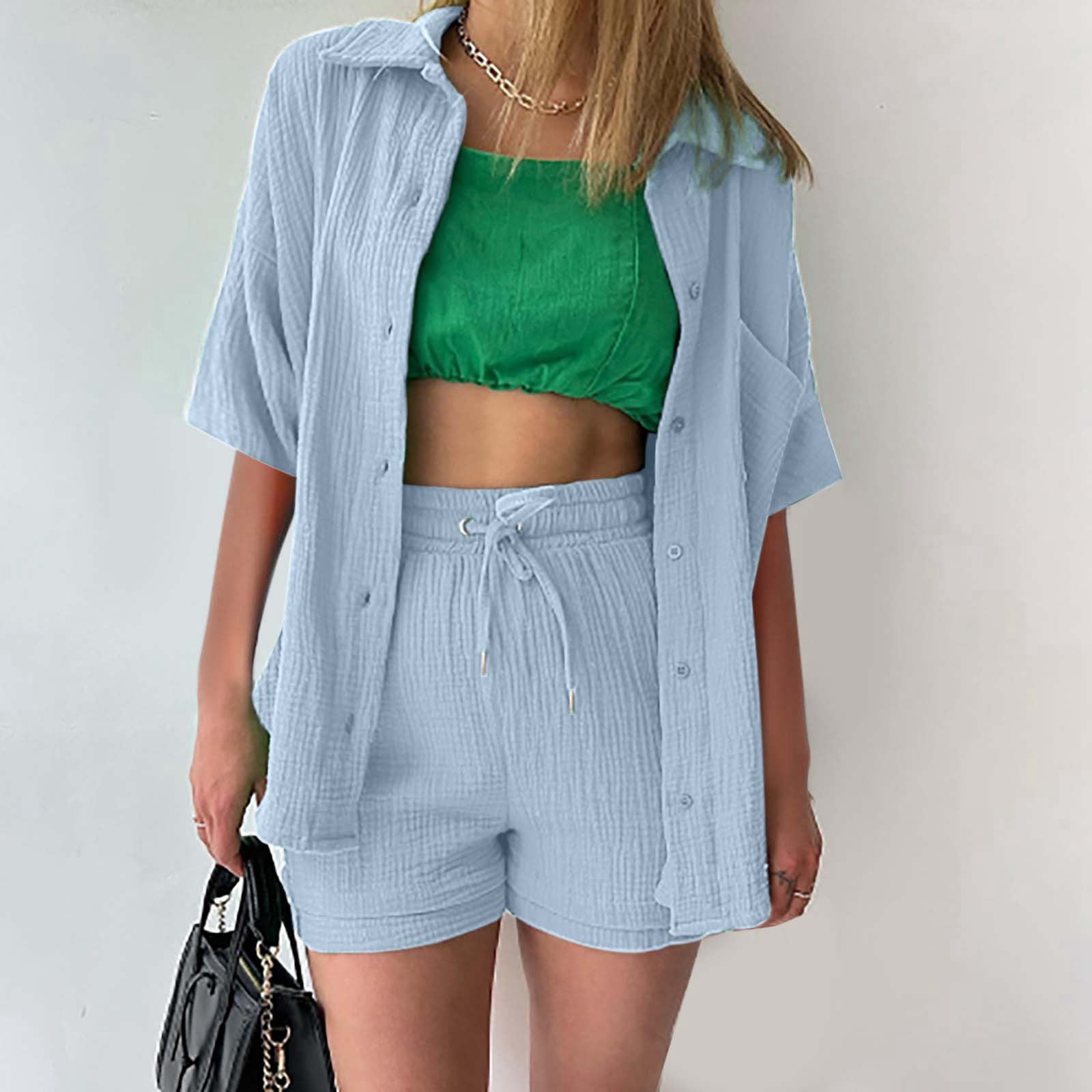 Fashion Set Womens Shorts Set Shirt Suit Shorts Two Piece Set Basic ...