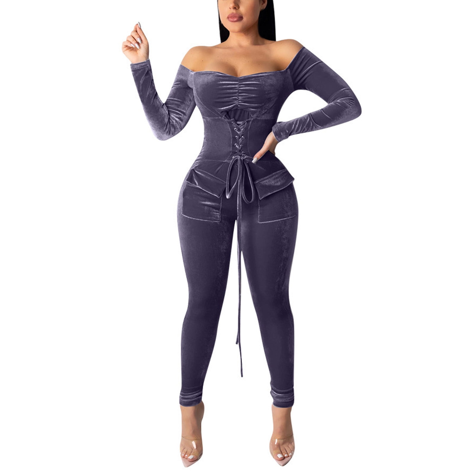 Fashion Sexy Women Off Shoulder Bandage Jumpsuit Solid Bodysuit ...