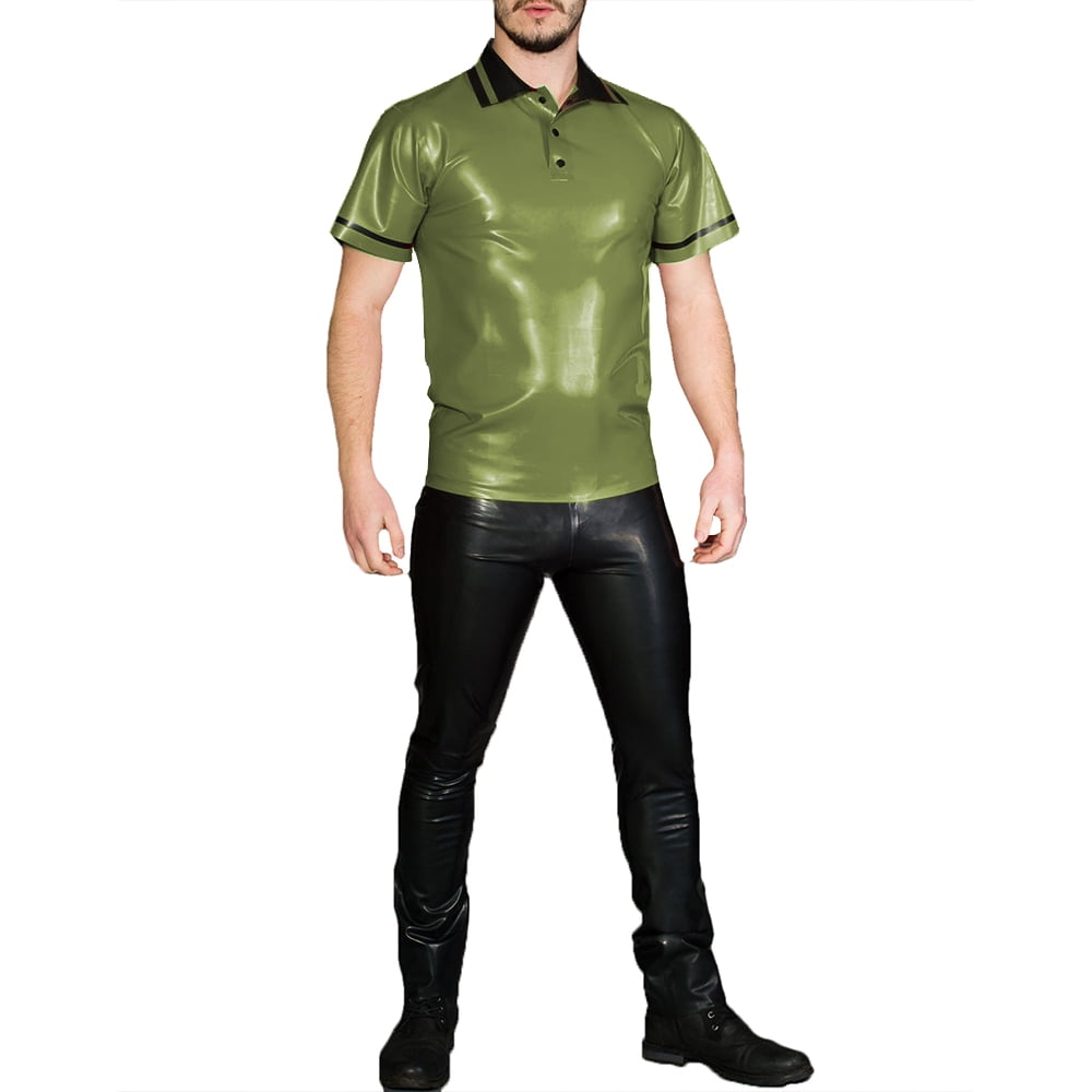 Fashion Shiny PVC Short Sleeve Men Polo Shirt Male Turn-down Neck ...