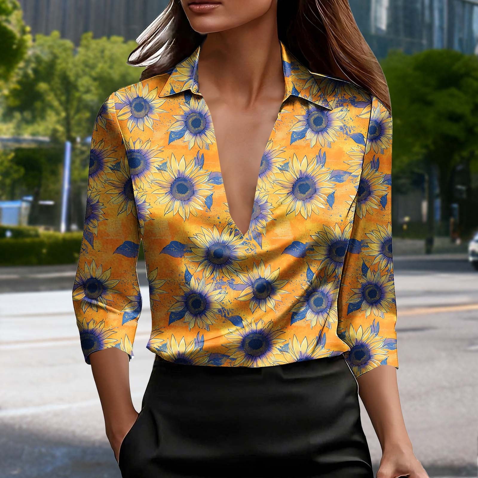 Fashion Shirt for Women Abstract Ink Splatter Graphic Lapel V Neck Long ...