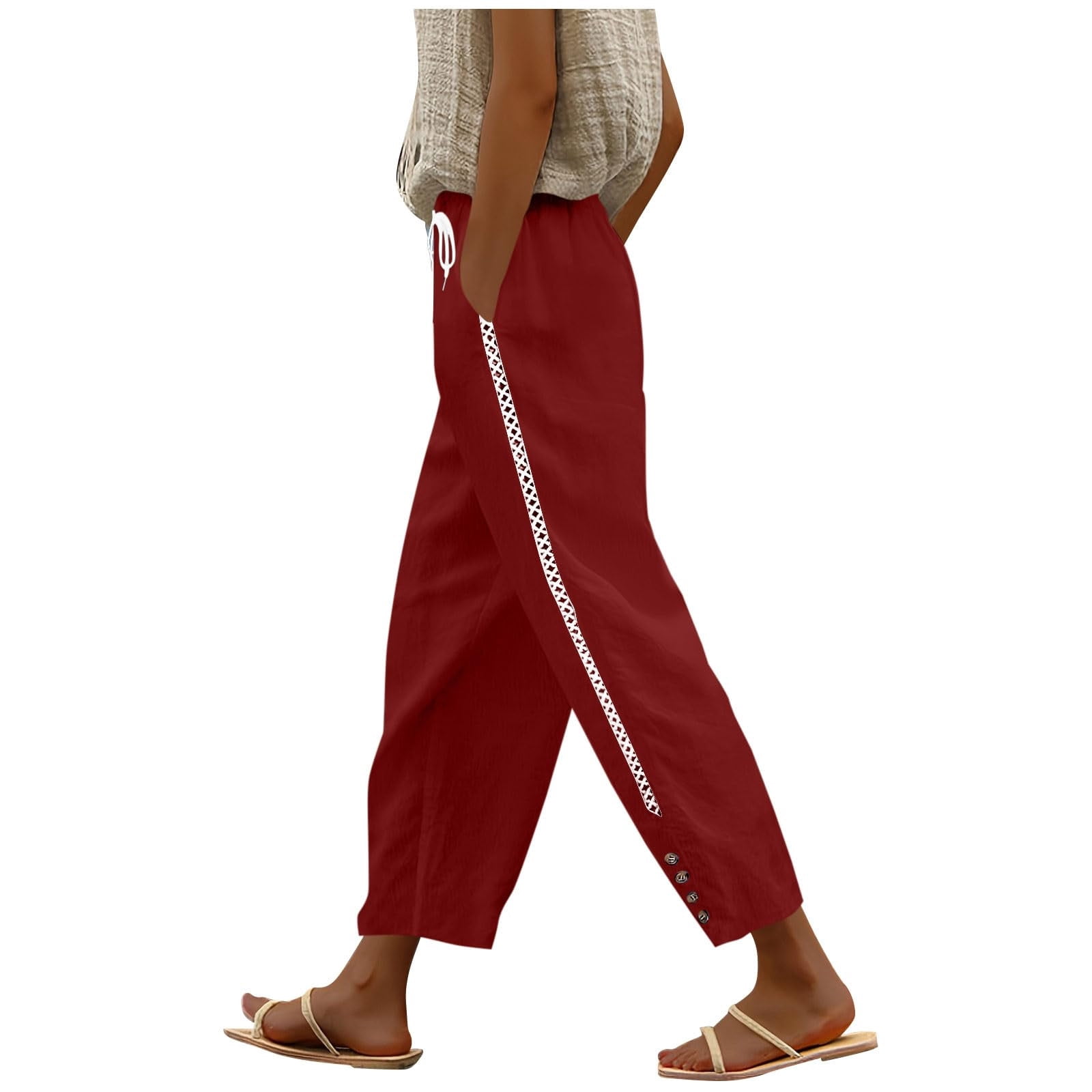 Fashion Side Buttons Elasticated Waistband Relaxed Pockets Straight Leg ...