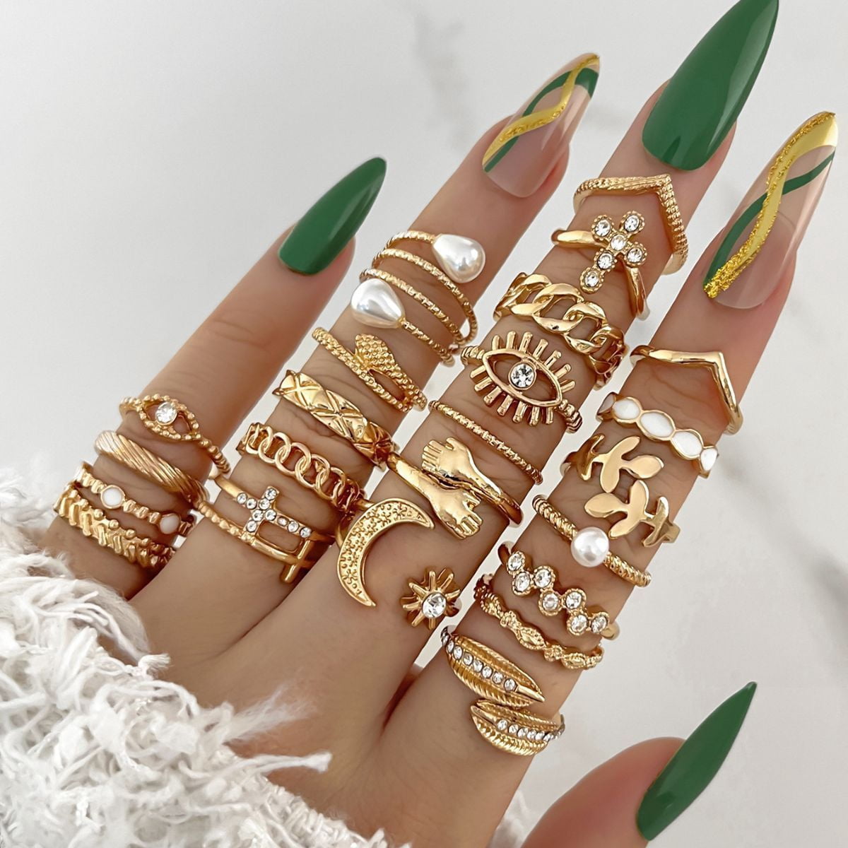 Fashion Simple Wave Joint Rings Set For Women Crystal Heart Shape Gold ...