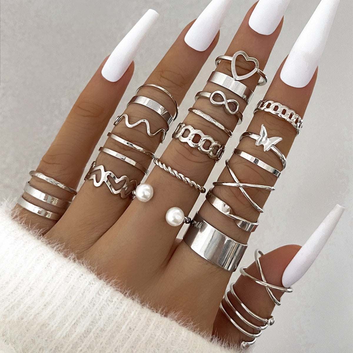 Fashion Simple Wave Joint Rings Set For Women Crystal Heart Shape Gold ...