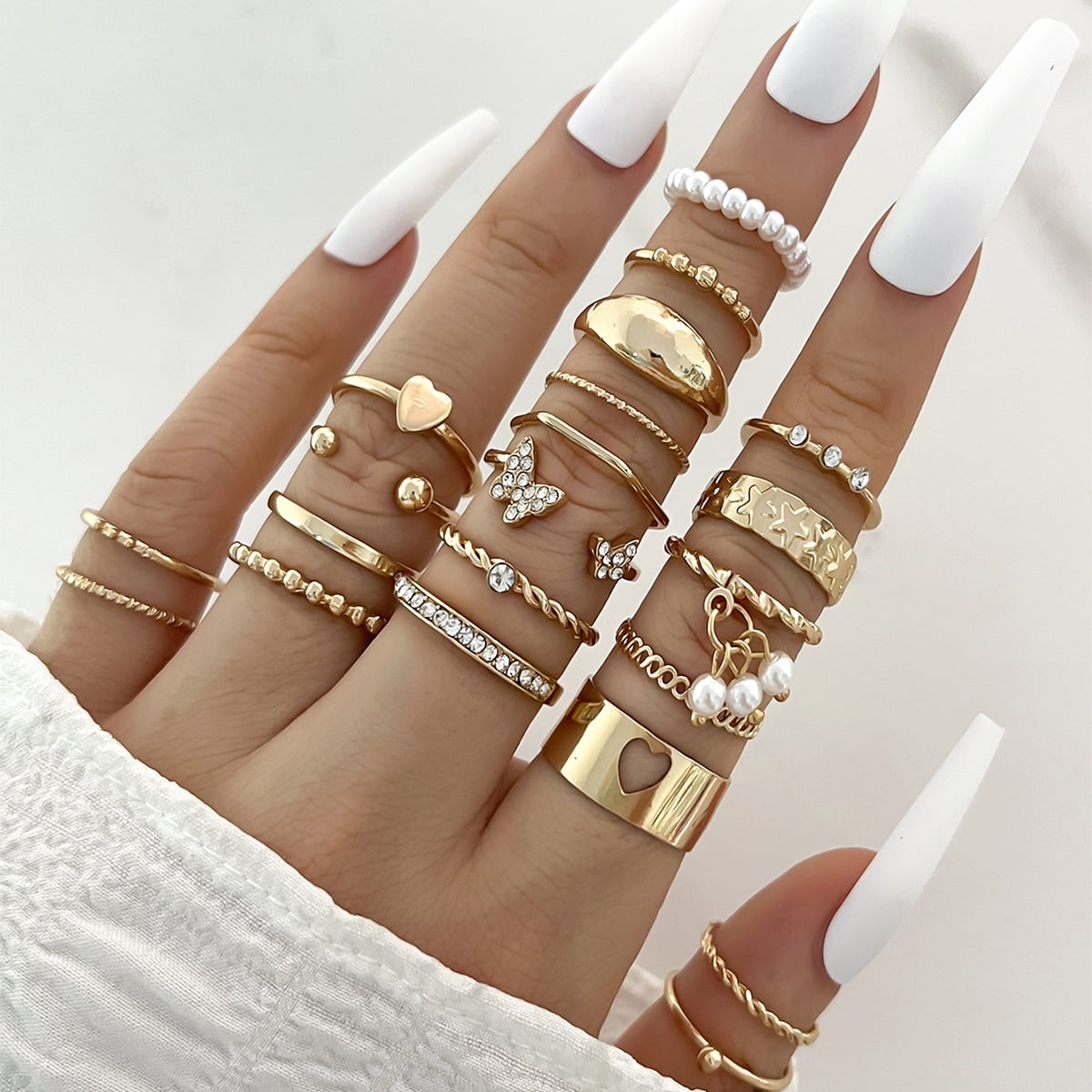 Fashion Simple Wave Joint Rings Set For Women Crystal Heart Shape Gold ...