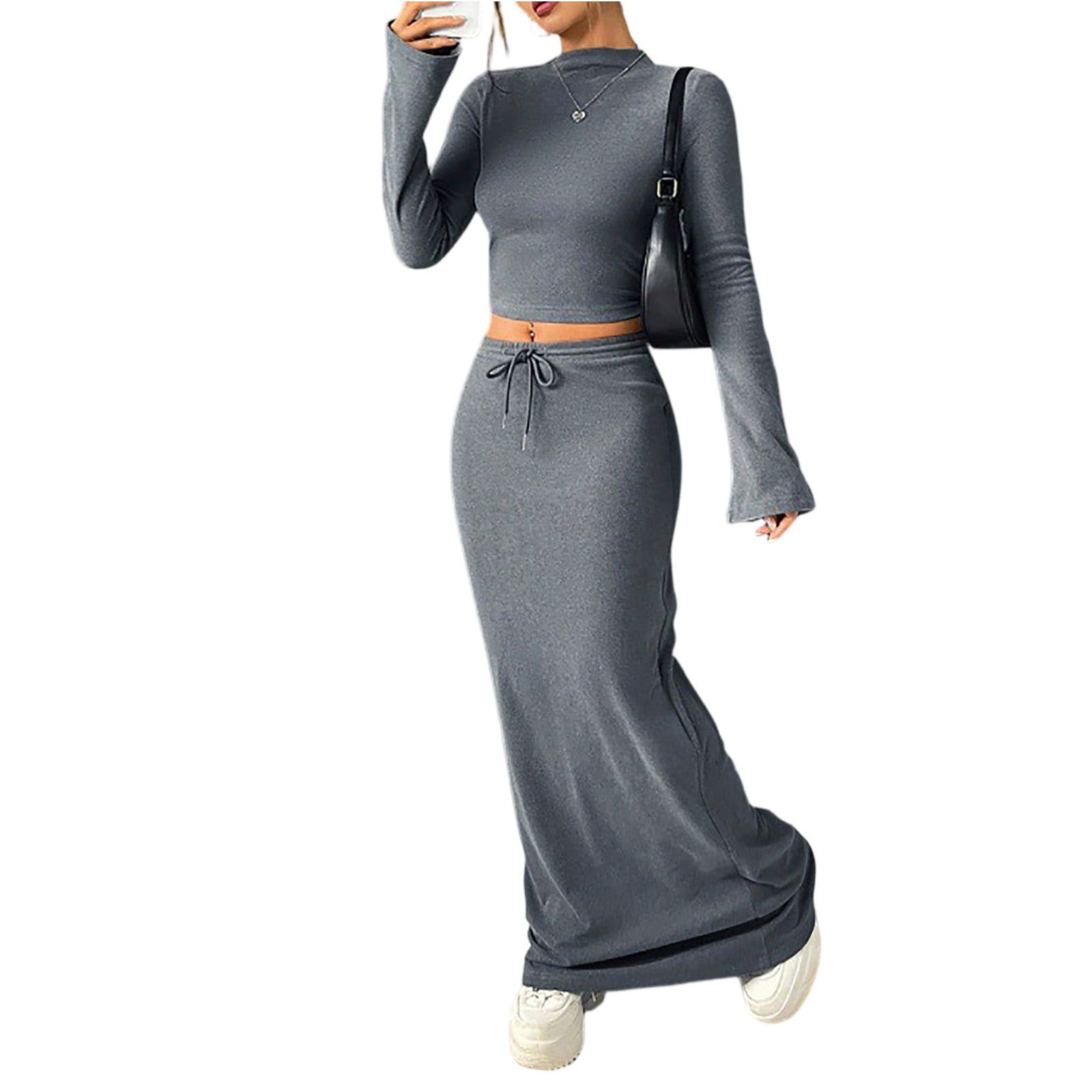 Fashion Slim 2 Piece Elegant Solid Set New Round Neck Long Sleeve Short ...