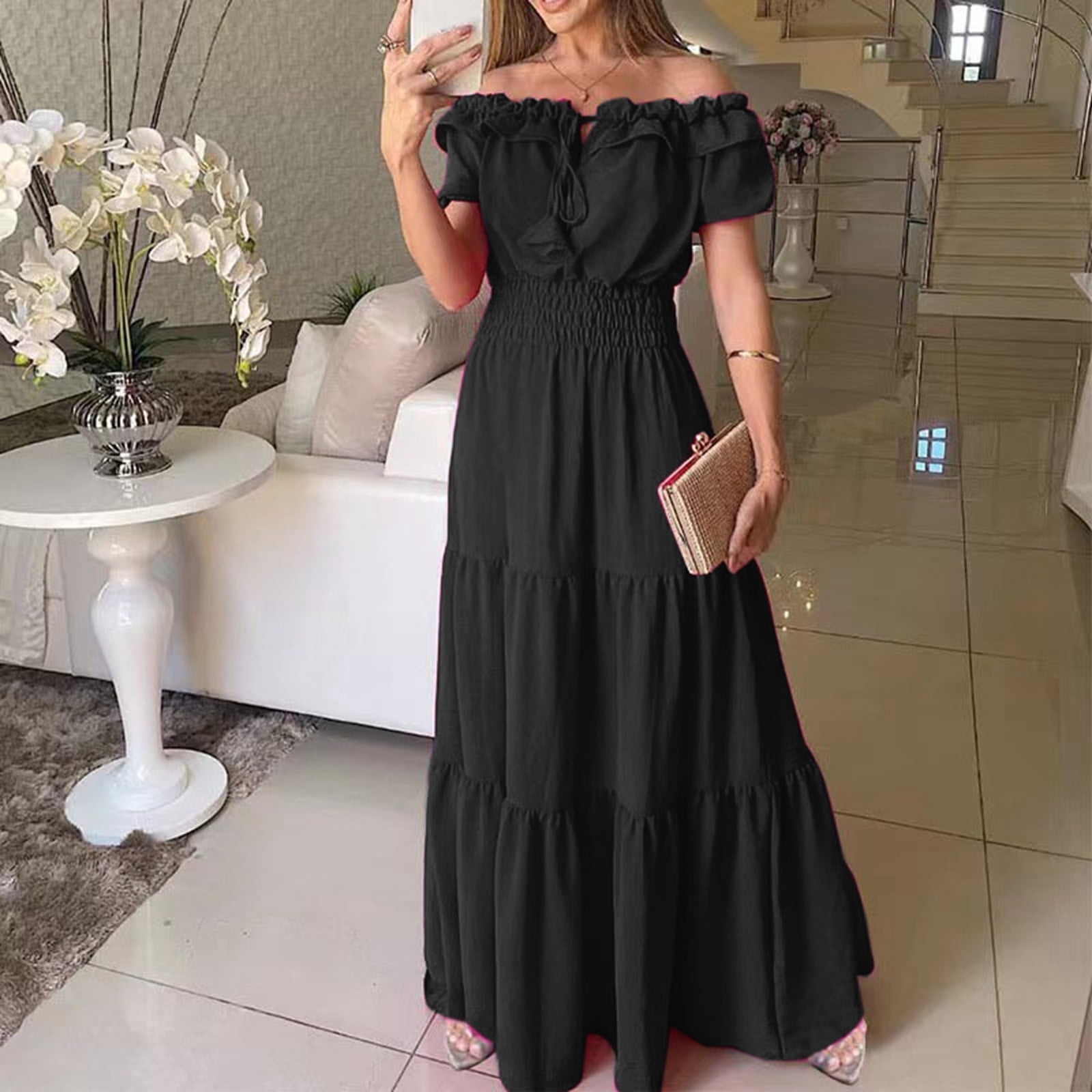 Fashion Solid Color Ruffled Off Shoulder Puff Sleeve Maxi Dress For ...