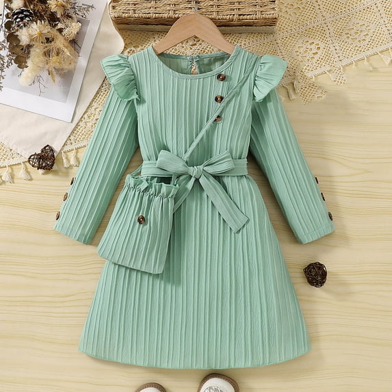 Fashion Solid Color Square Collar Long Sleeve Ruffled Edge Dress ...