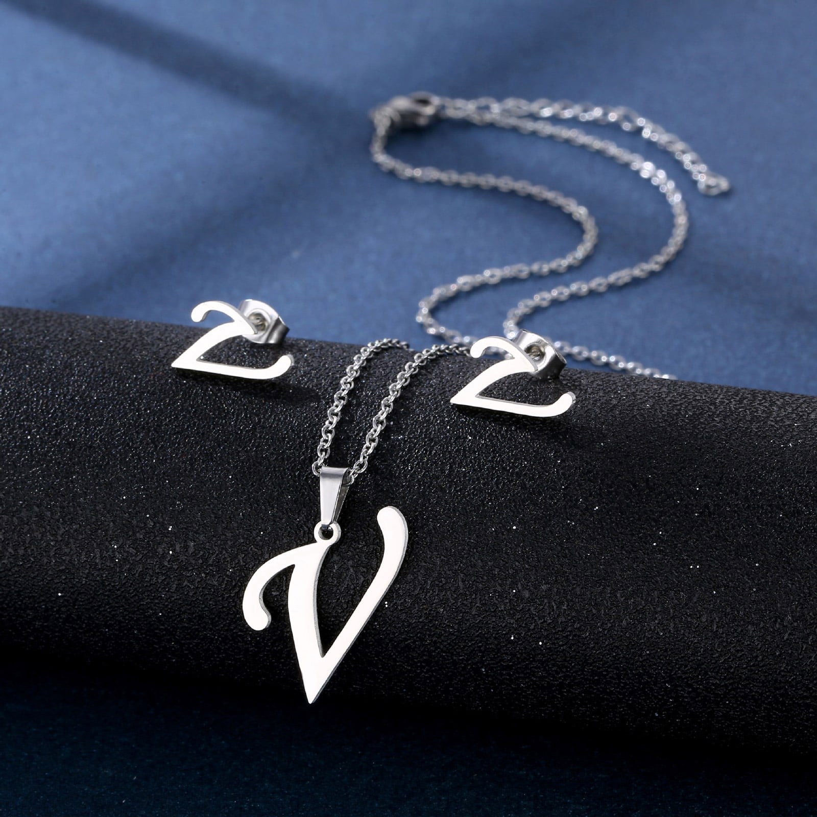 Fashion Stainless Steel Necklace with Letter Pendant Unique Ear Studs ...