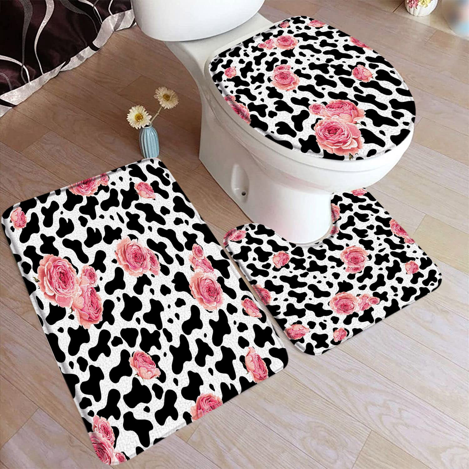 Fashion Striped Bath Mat Set Pink Rose Floral Black White Geometric ...