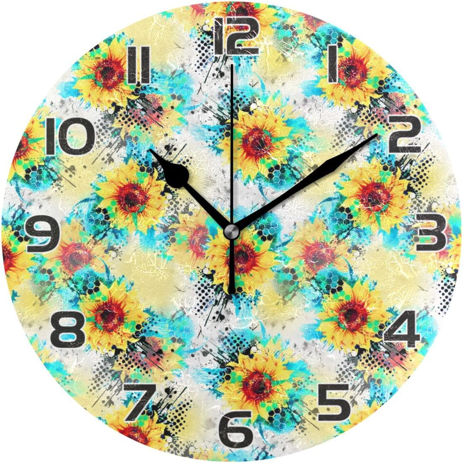 Fashion Sunflowers Wall Clock Round Vintage Silent Non Ticking Battery ...