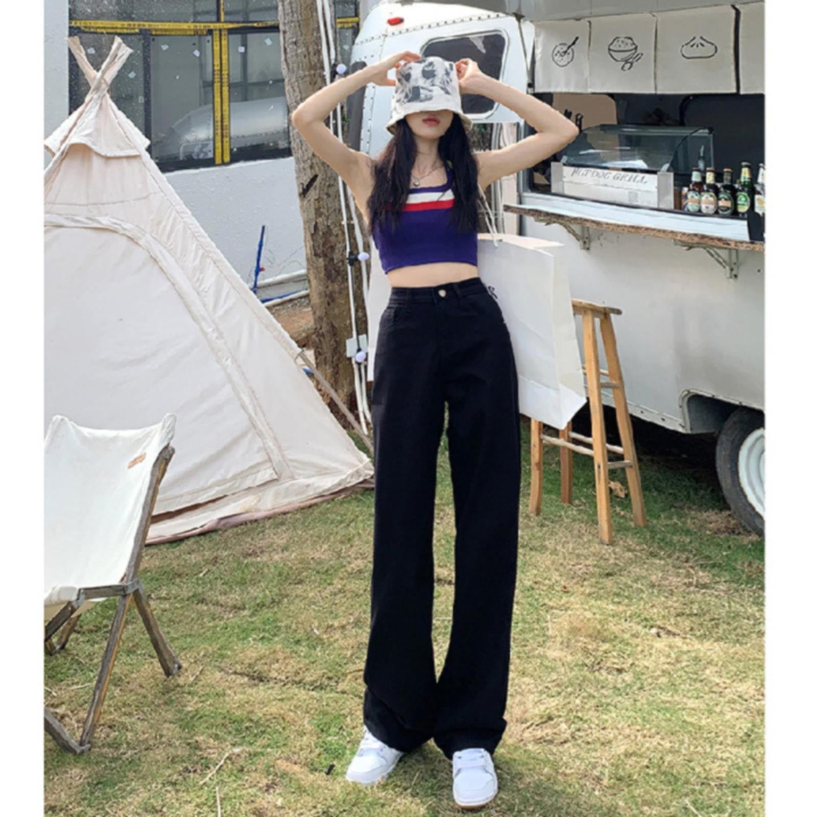 Fashion Sweet Wide Leg Solid Color Jeans Summer High Waist Straight ...