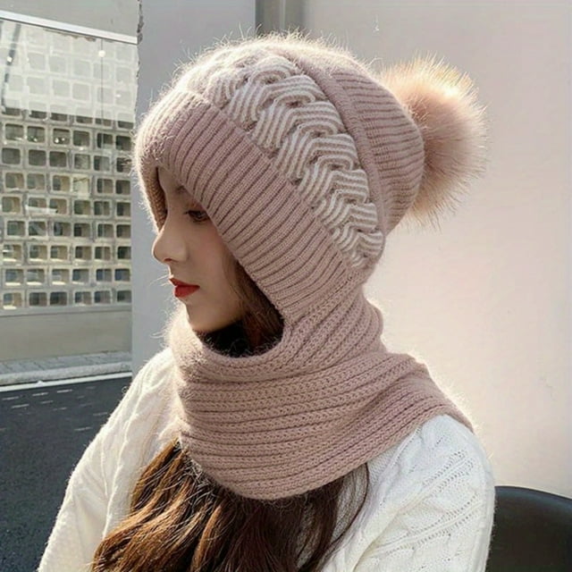 Fashion Thicken One-piece Hat Scarf Accessories Women Girls Winter Warm Plush Lining Knitted Hat ...