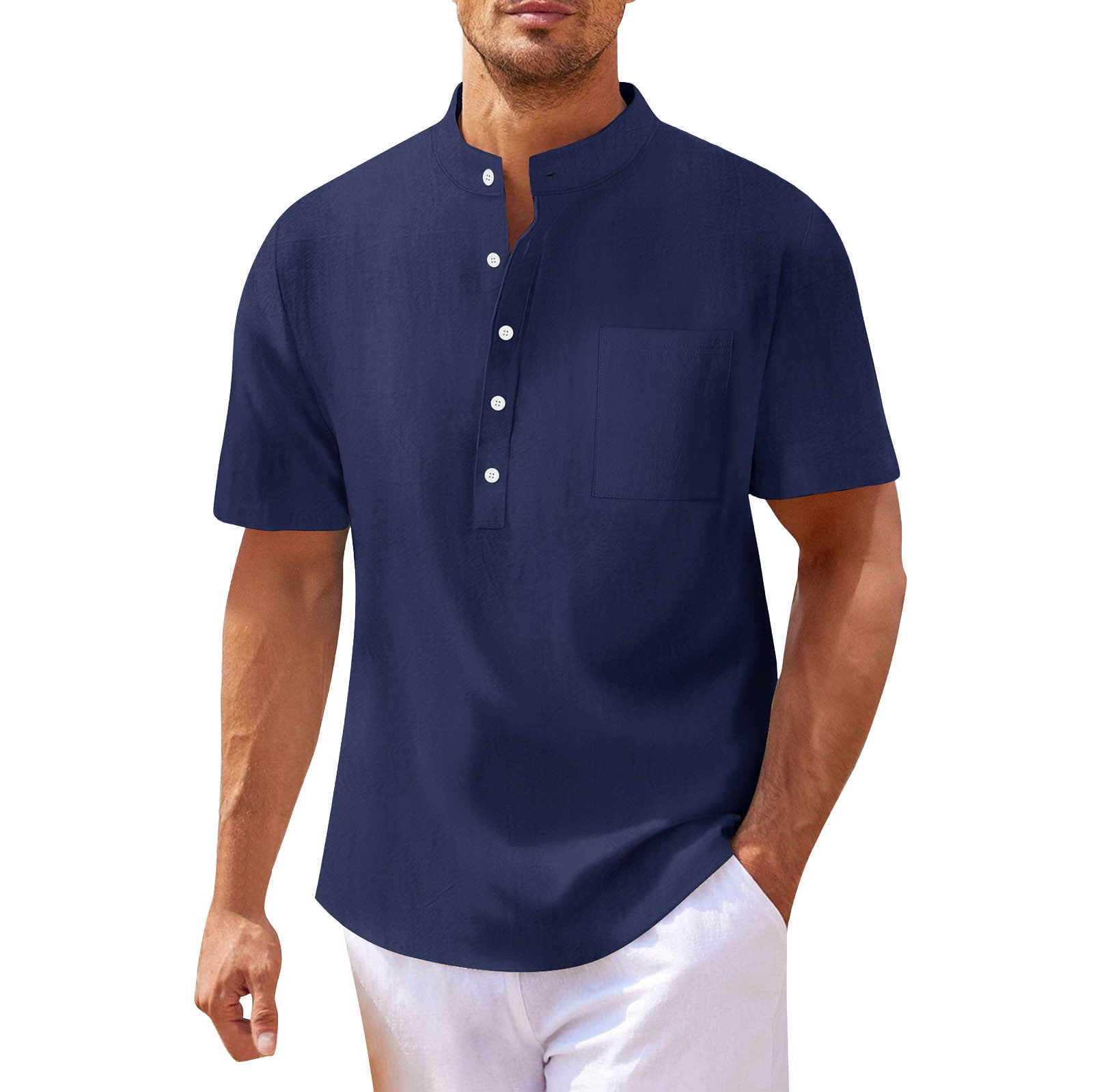 Fashion Top for Men - Men's Solid Color Short Sleeve Band Collar Casual ...