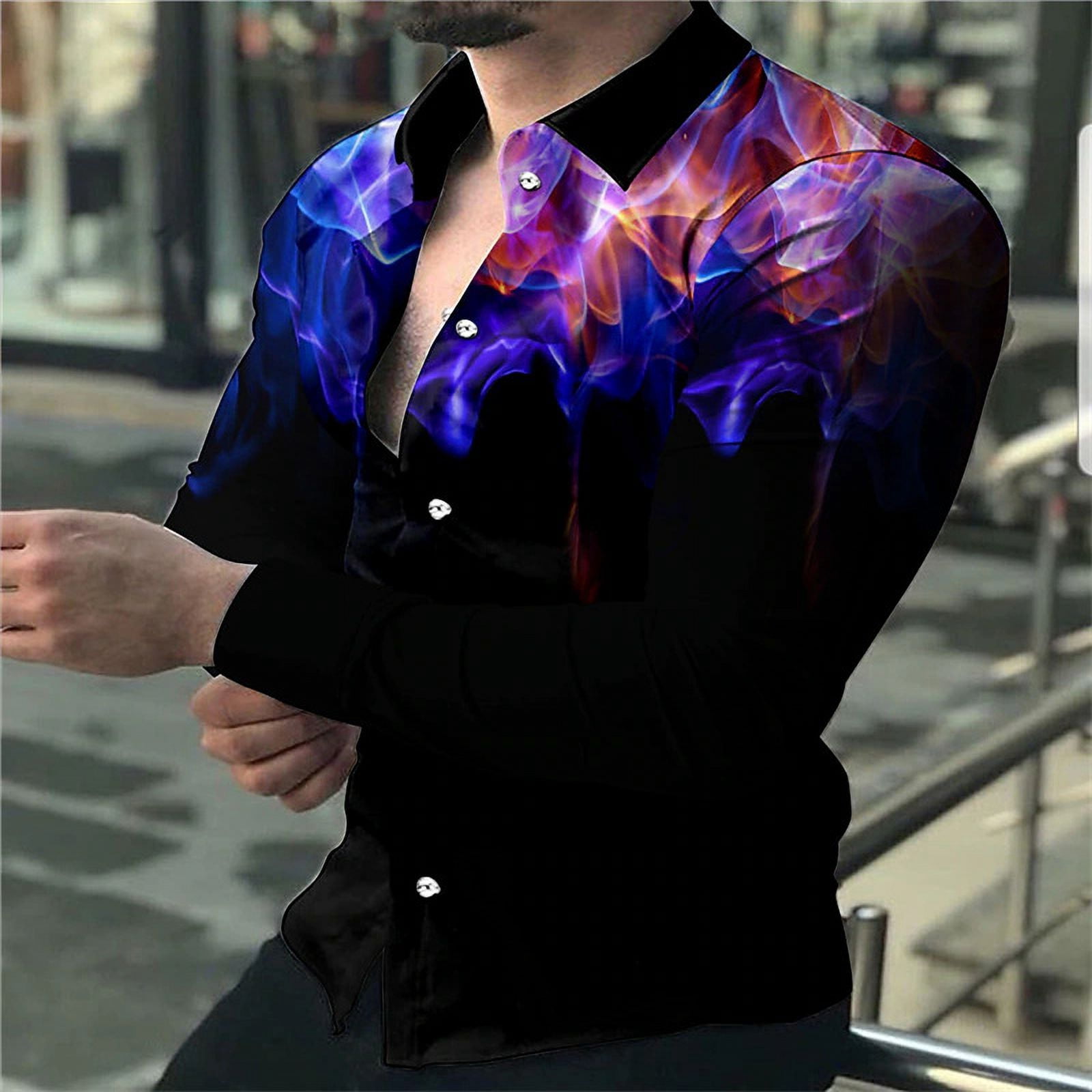 Fashion Tops Men's Shirt Flame Spark HD Pattern Printing Lapel Outdoor ...
