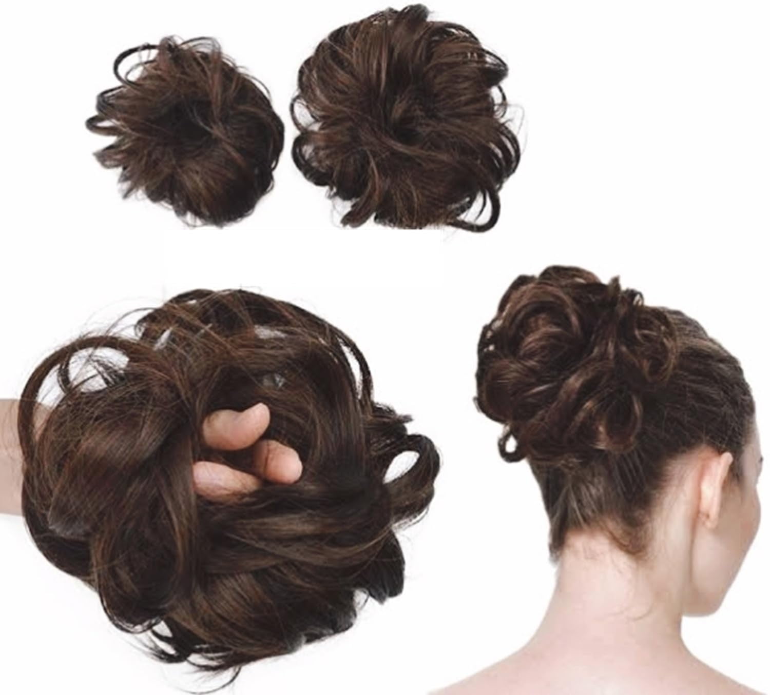 Fashion Trend Elastic Rubber Band Wavy Curly Medium Brown Messy Hair Bun Extension Synthetic ...