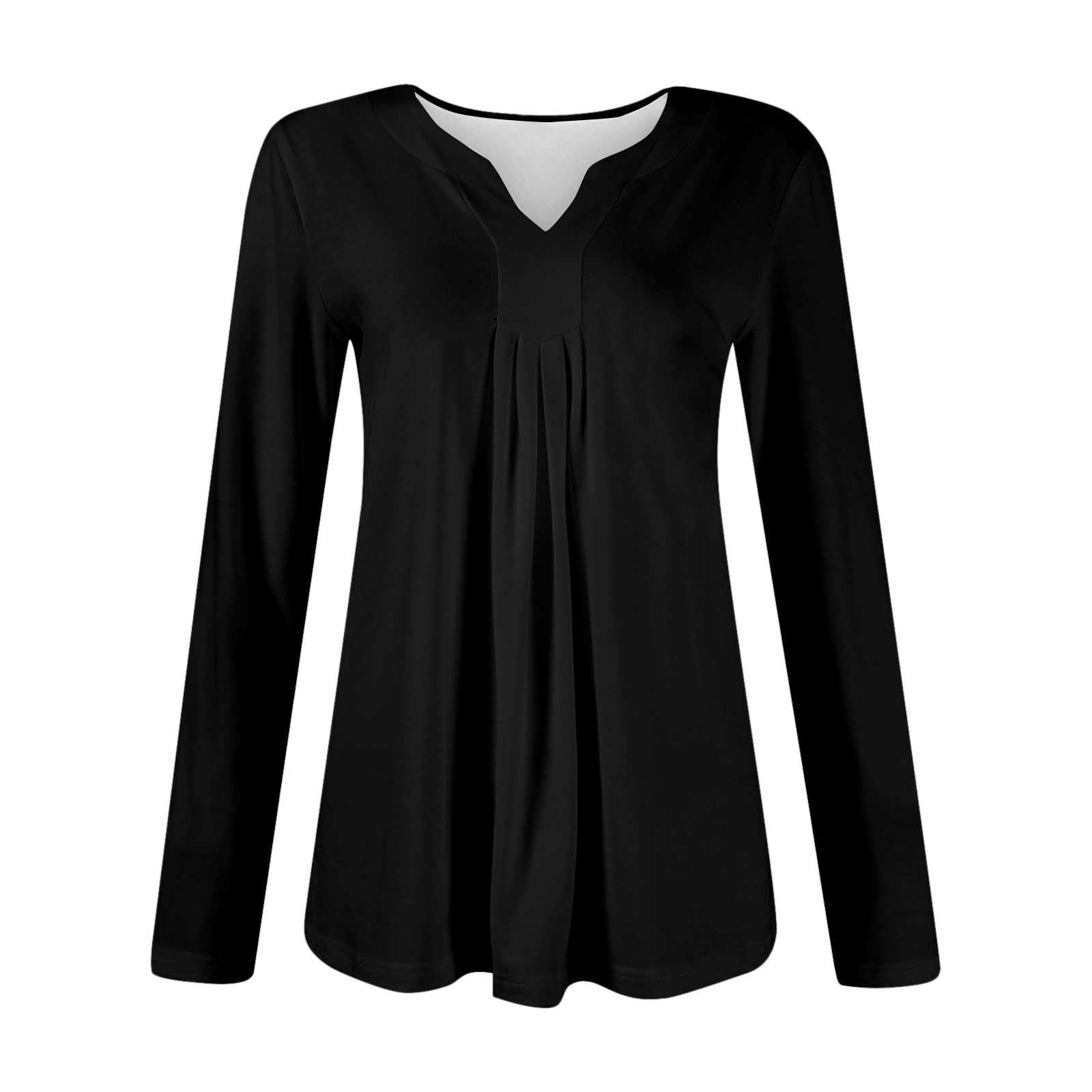 Fashion V-Neck Long Sleeve Casual Comfort Top for Women Solid Basic Tee ...