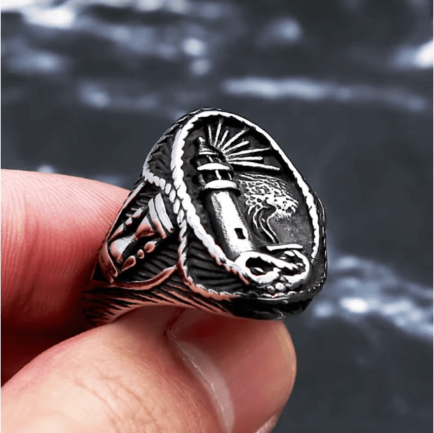 Fashion Vintage Viking Lighthouse Ring for Men Punk Unique 14K White ...