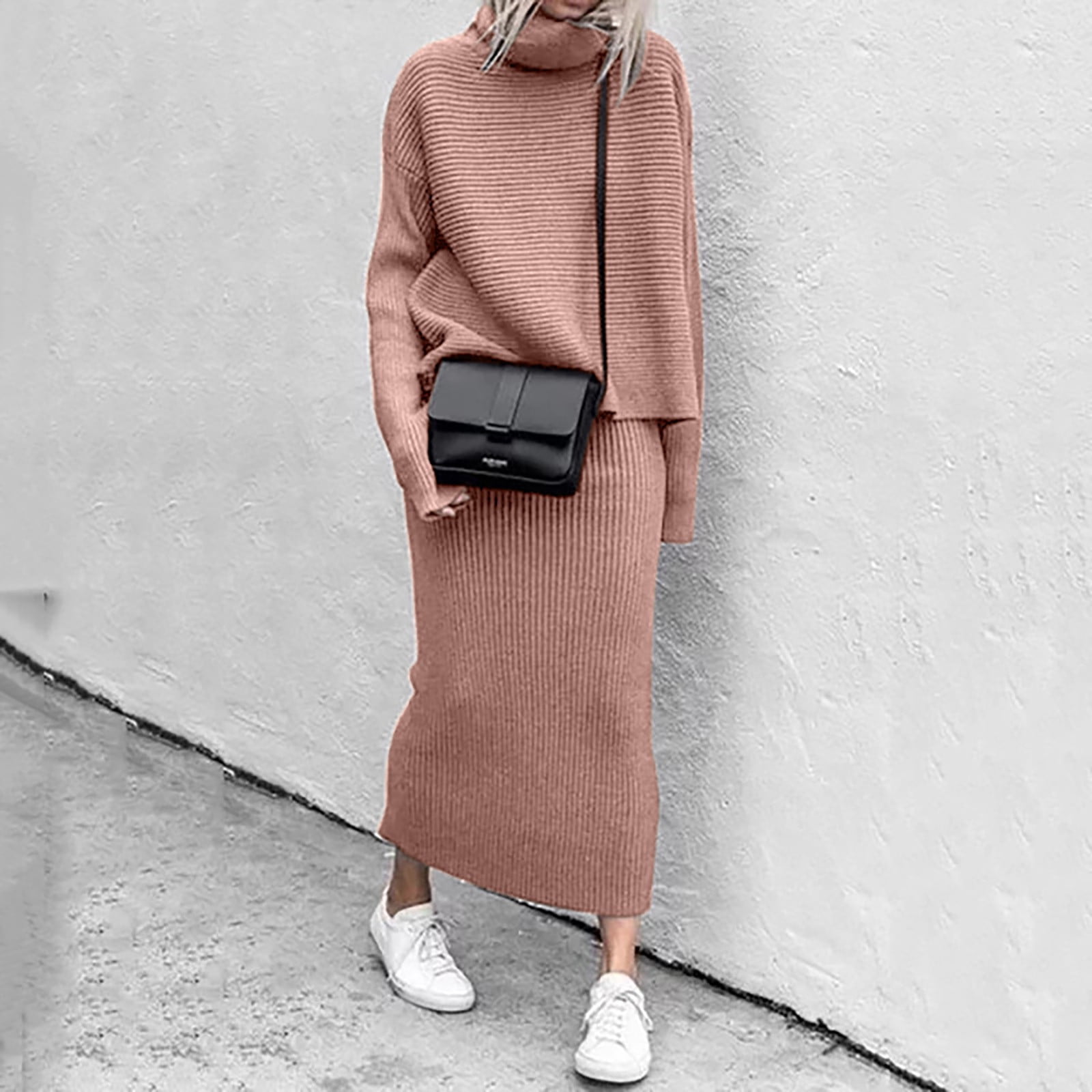Fashion Winter 2 Piece Ribbed Knitted Wool Sweater Turtleneck Women Set ...