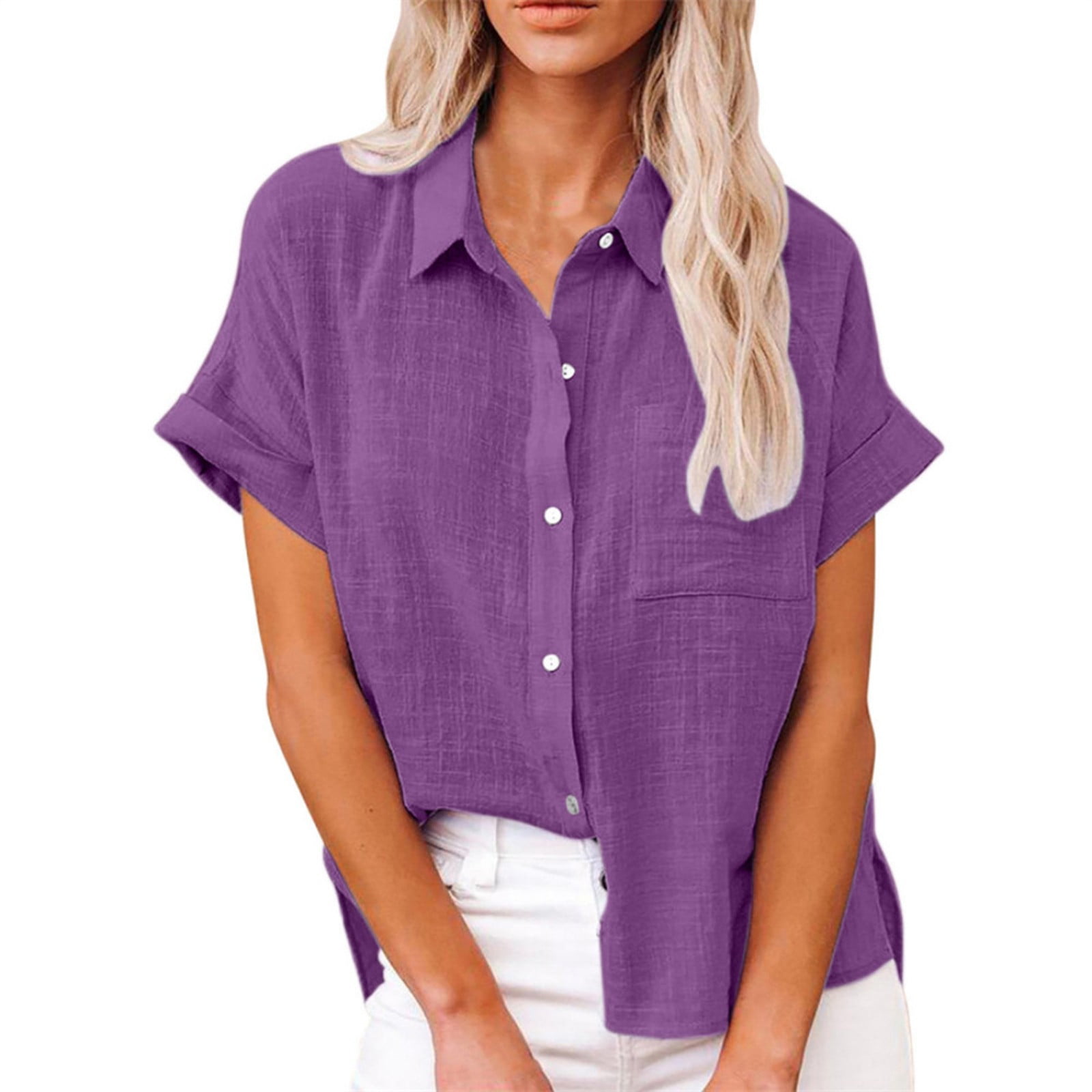 Fashion Woman Causal Button Solid Blouse Short Sleeve T-Shirt Summer ...