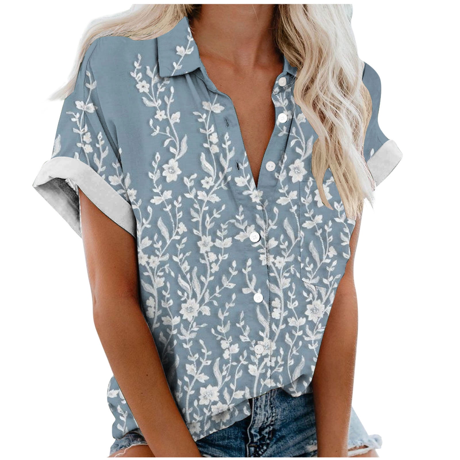 Fashion Woman Causal Button Solid Blouse Short Sleeve T-Shirt Summer ...