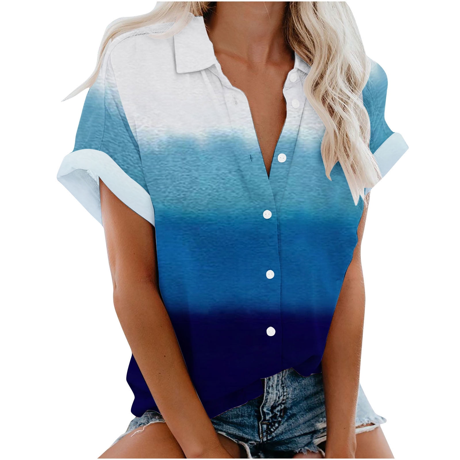 Fashion Woman Causal Button Solid Blouse Short Sleeve T-Shirt Summer ...