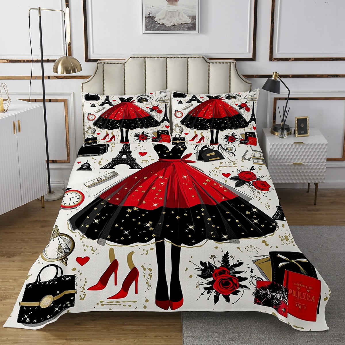 Fashion Woman Dress Bedspread Golden Polka Dots Quilt Set Twin Size Red ...