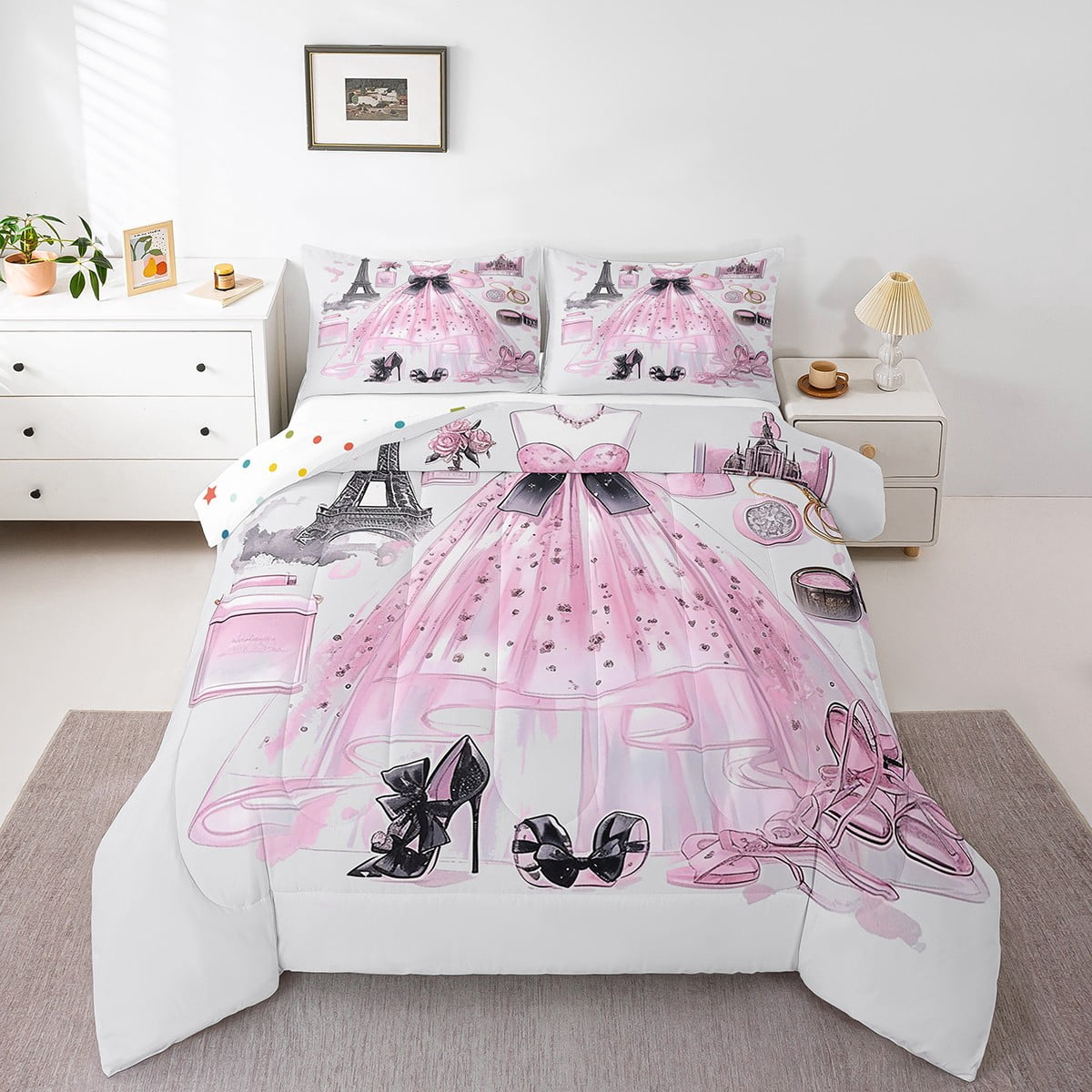 Fashion Woman Dress Comforter Set Golden Polka Dots Bedding Full Size ...