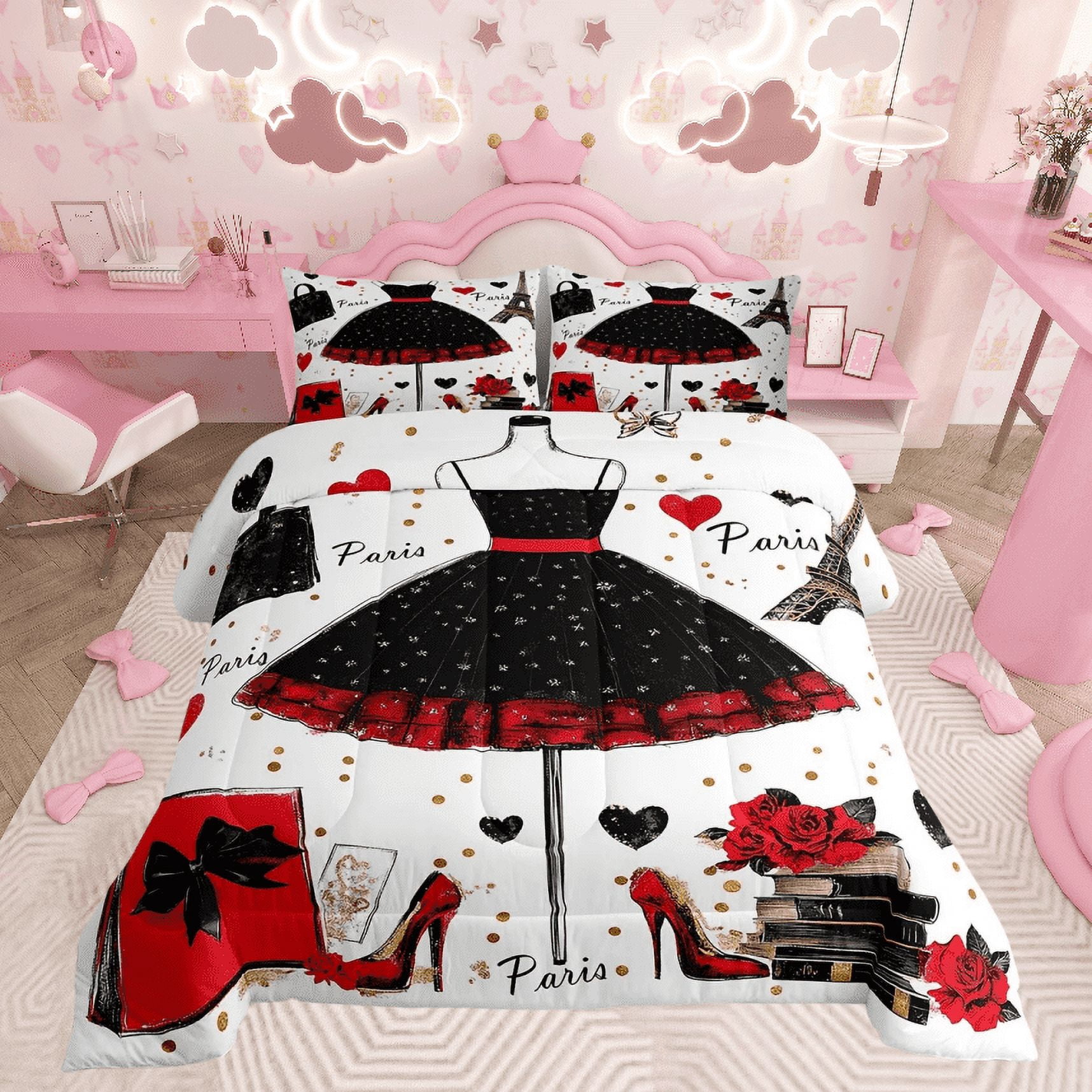 Fashion Woman Dress Comforter Set Golden Polka Dots Bedding Sets King ...