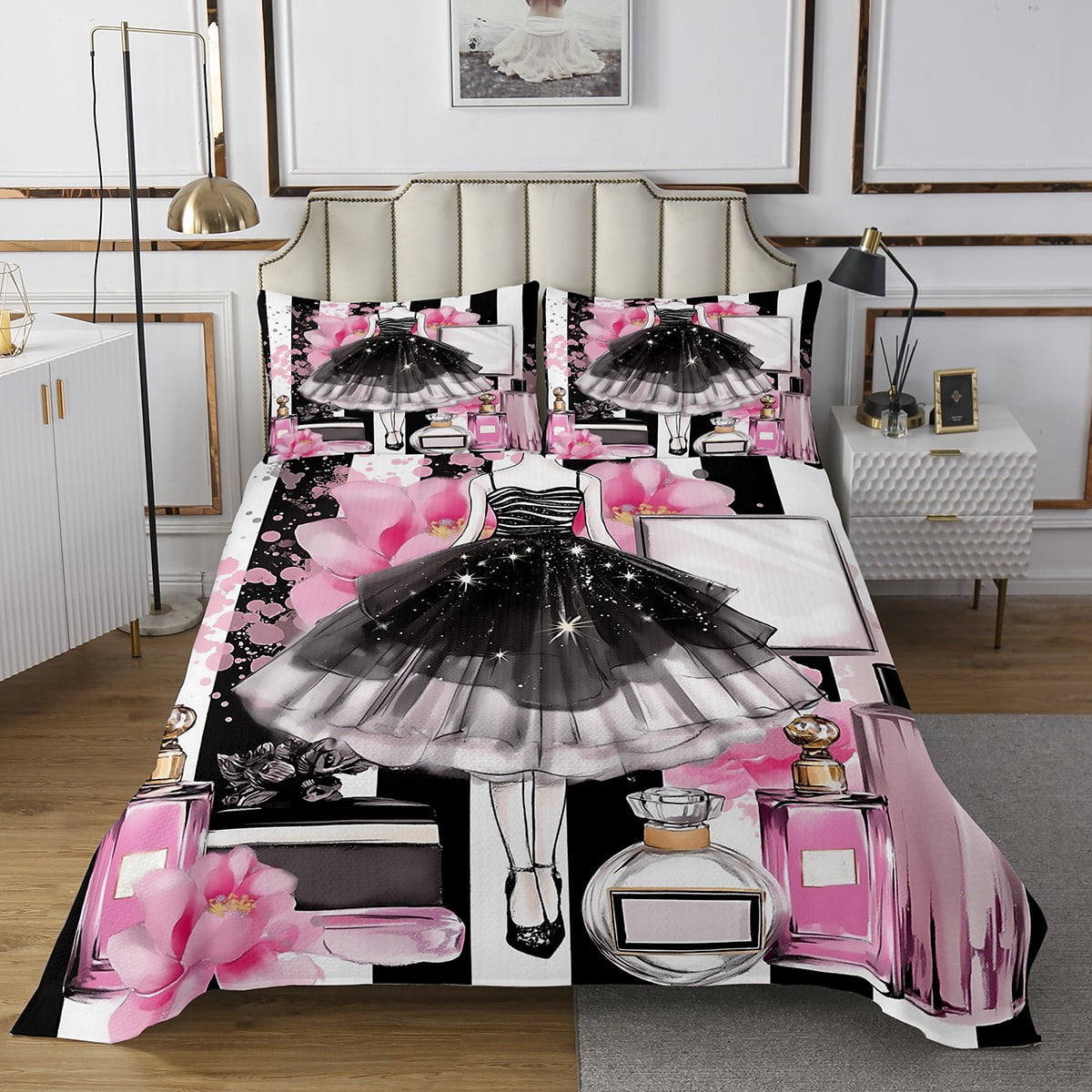 Fashion Woman Dress Quilt Set Modern Black White Stripe Bedspread King ...