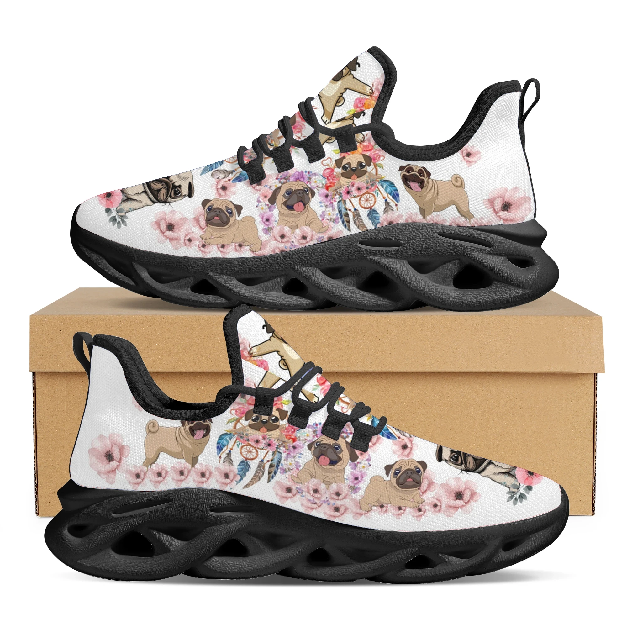 Kawaii Pug Thick Sole Shoes For Women Floral Print Comfortable Knitted ...