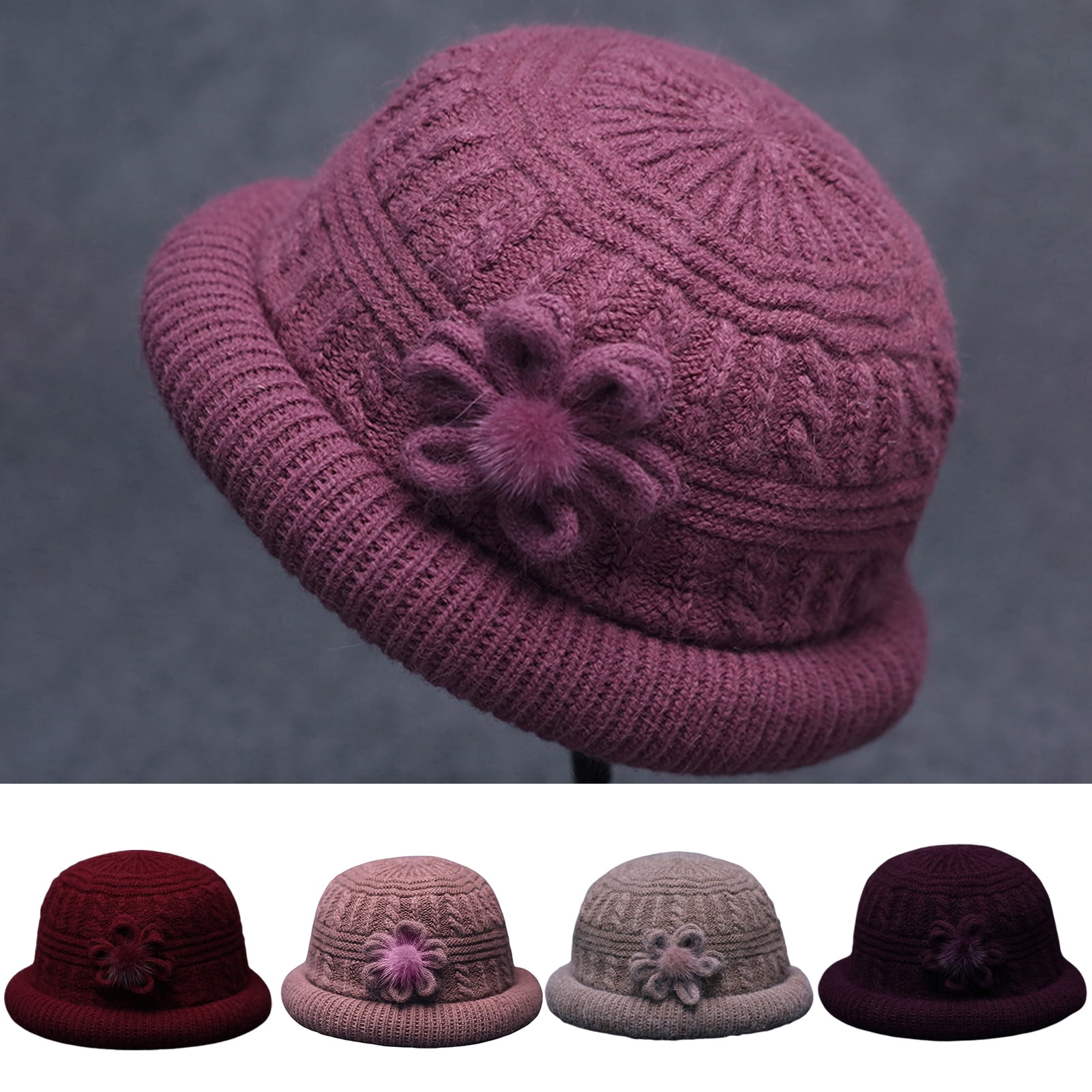 Fashion Women Flower Cloche Caps Warm Knit Bucket Bowler Hats Vintage ...