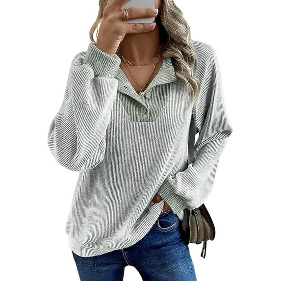 Fashion Women Long Sleeve Shirts, Patchwork Button Up V Neck Sweatshirt ...
