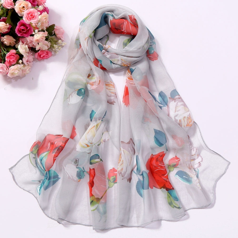 yunLXY Women's Silk Scarf, Rose Print Wrap, Soft Shawl, 160x50cm ...