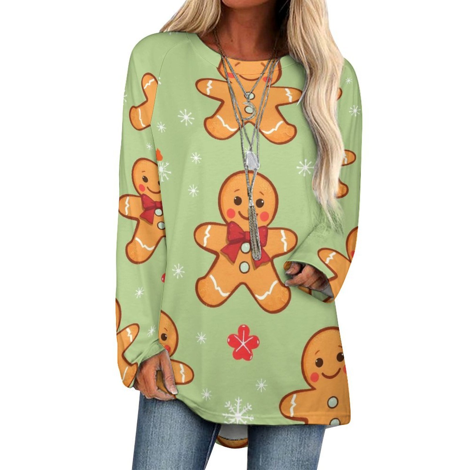 Fashion Women'S T-Shirt Gingerbread Men Pattern Long Sleeve Top Loose ...