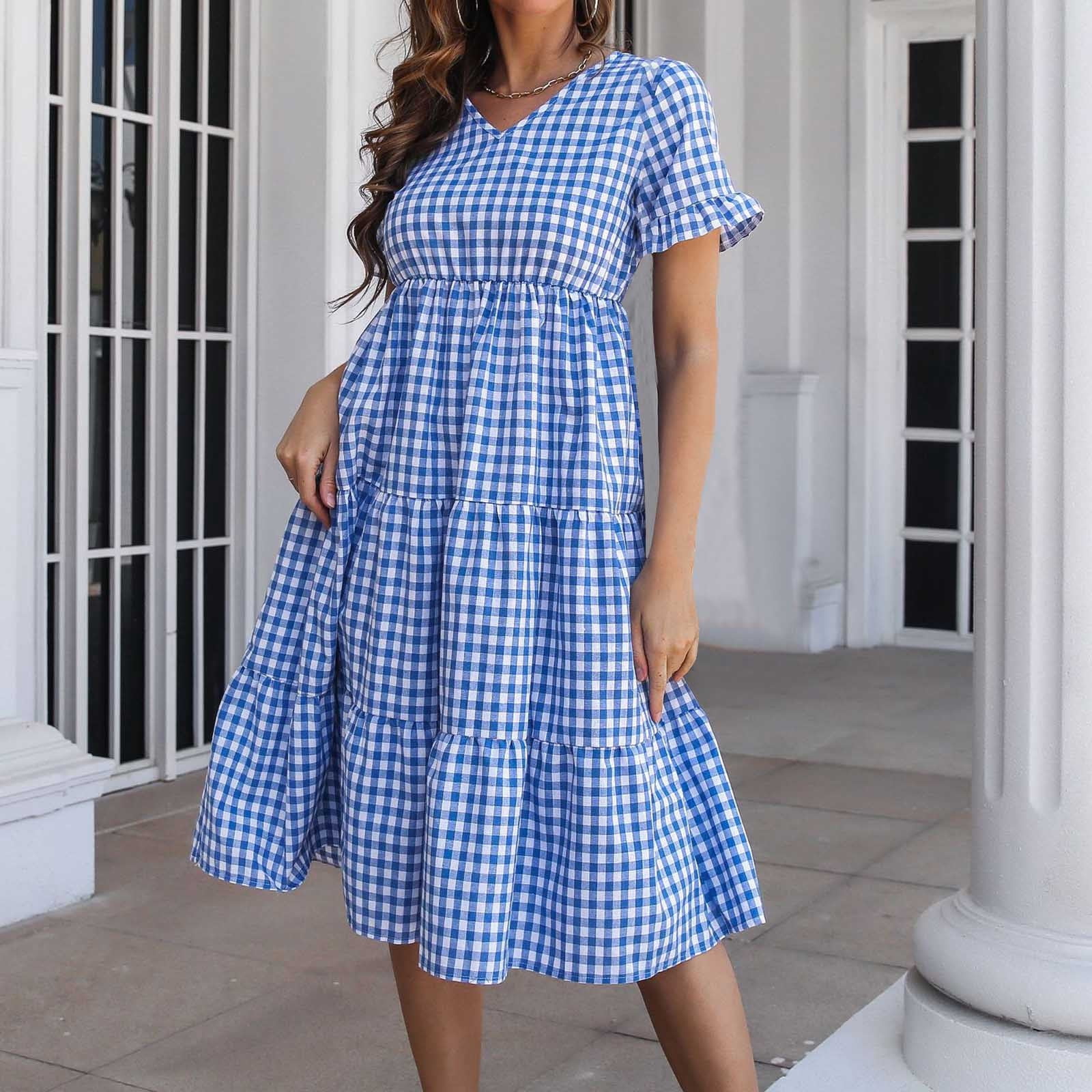 Fashion Women Summer Casual V-Neck Long Dress with Print and Pleated ...