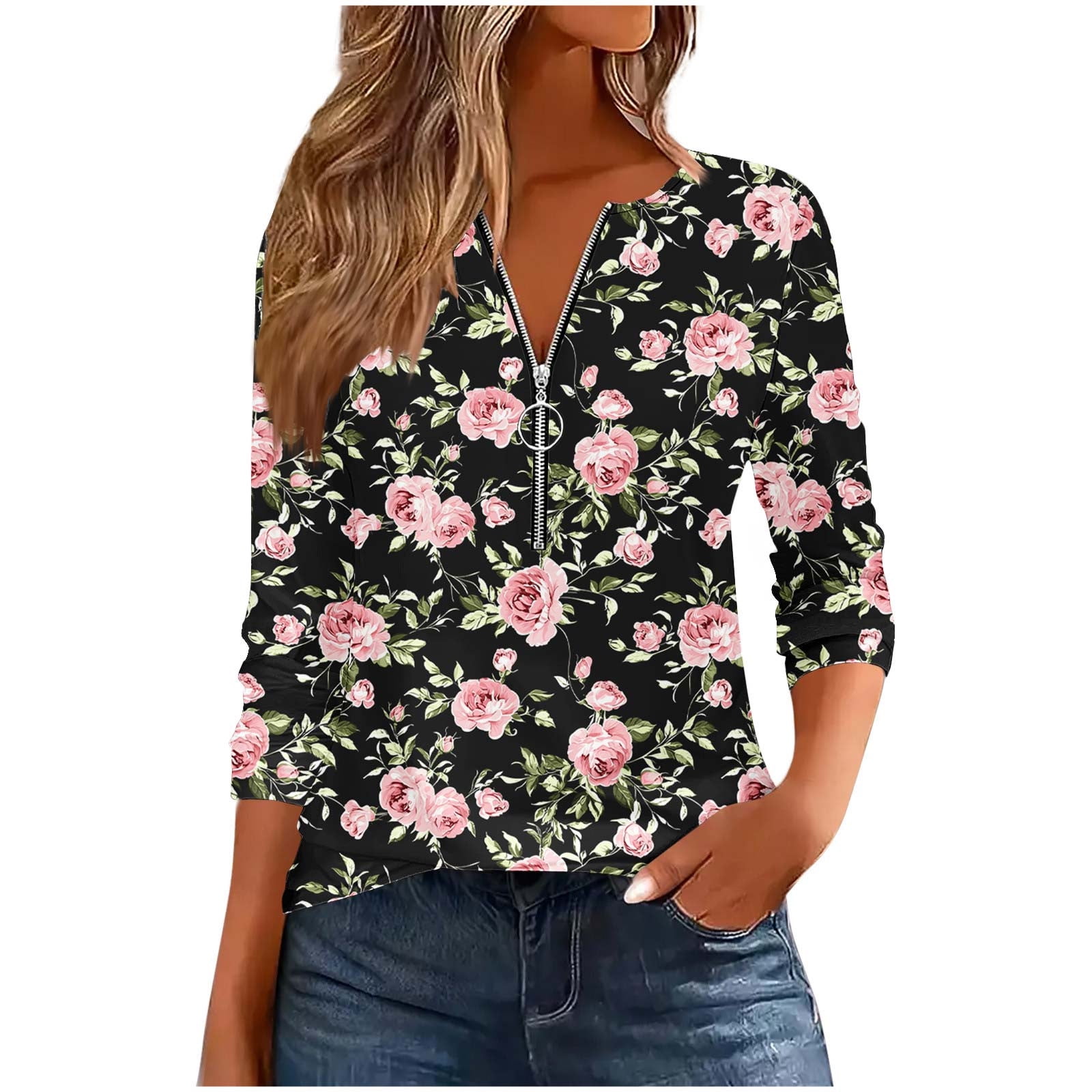 Fashion Women's Casual Printed Round Neck Long Sleeve T-shirt Blouse ...