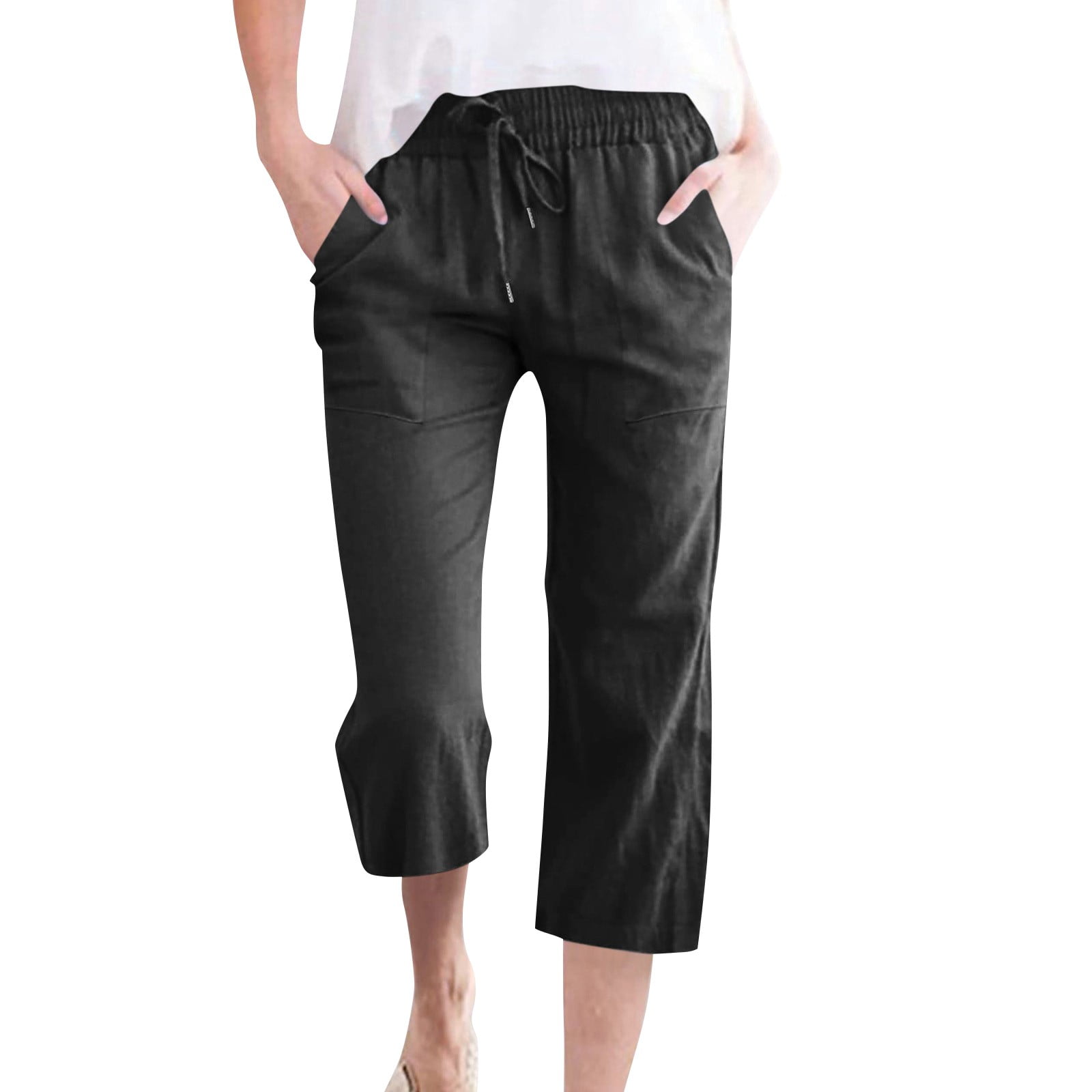 Fashion Women's Casual Solid Color Calf-Length Pants with Drawstring ...