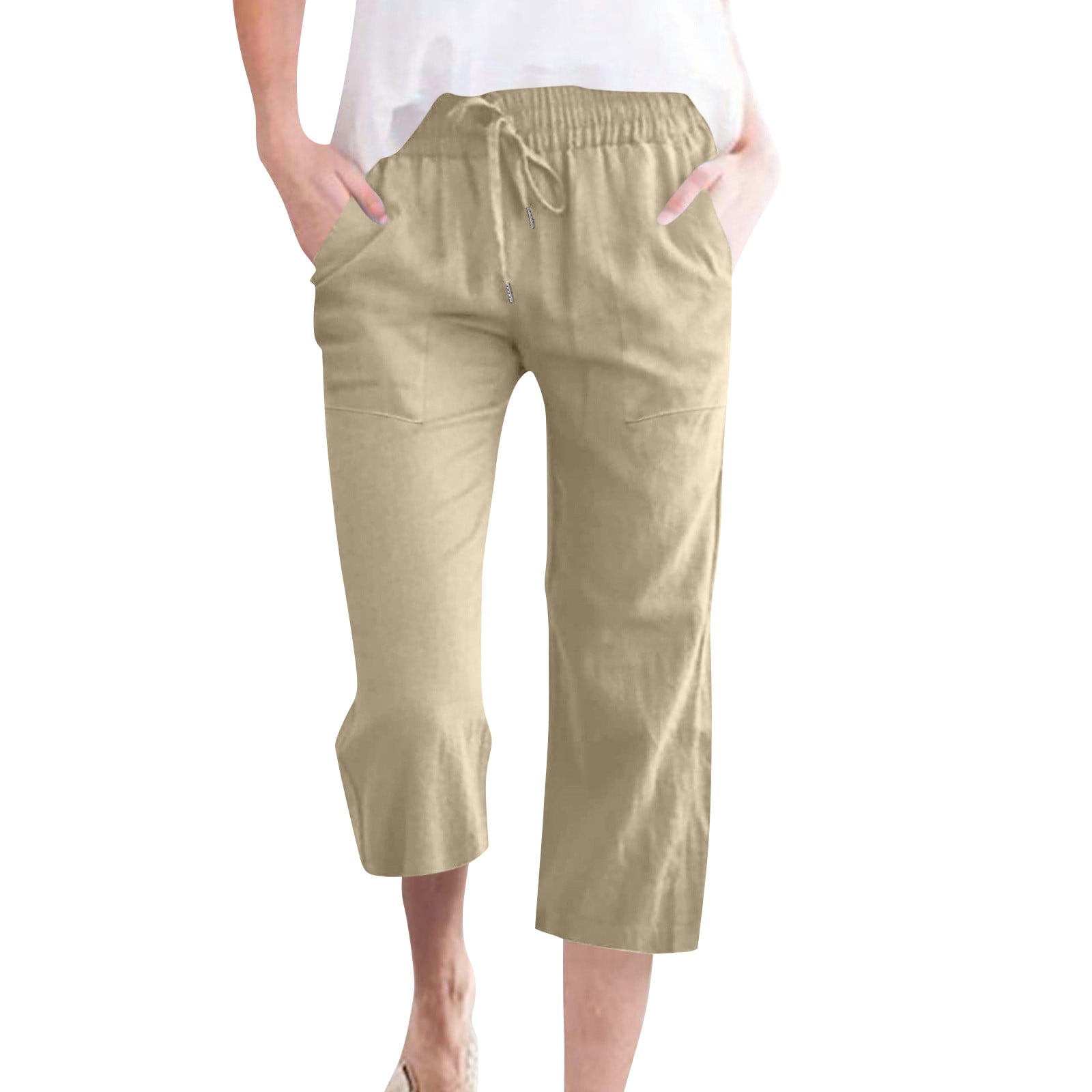 Fashion Women's Casual Solid Color Calf-Length Pants with Drawstring ...