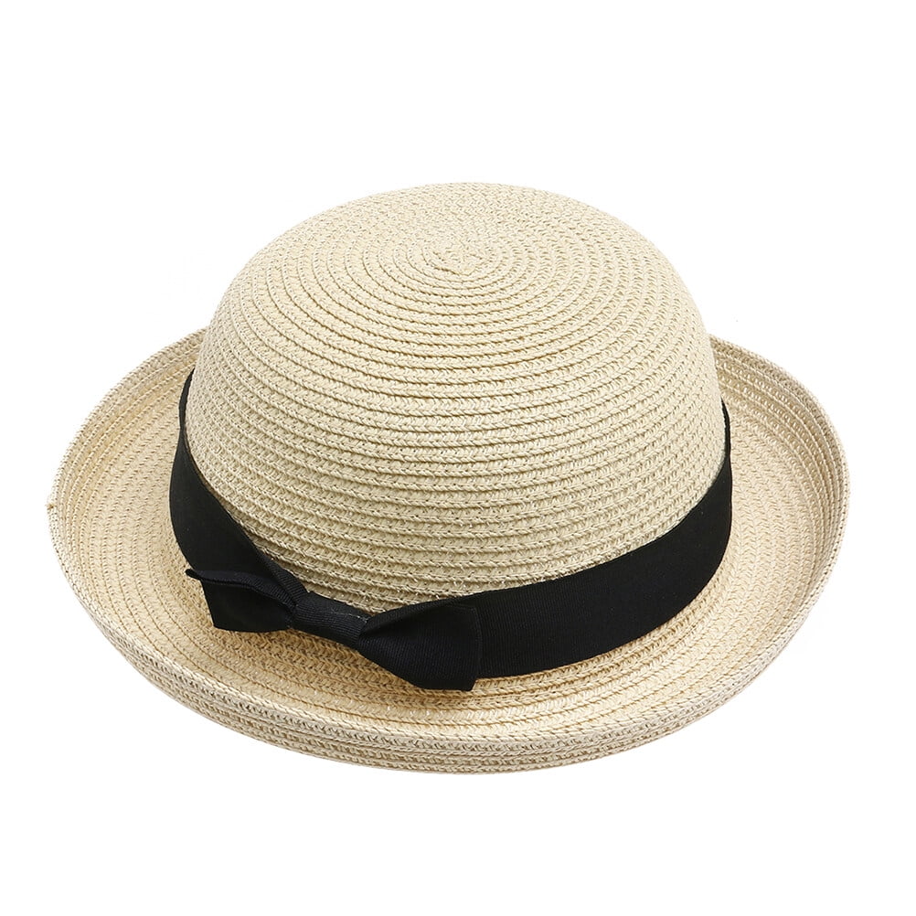 Fashion Womens Girls Bowknot Roll Up Wide Brim Dome Straw Summer Sun