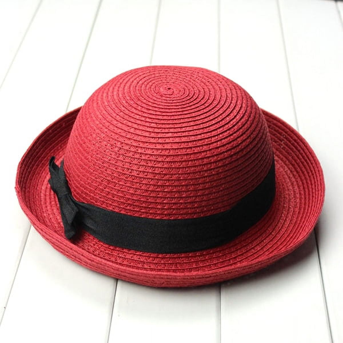 Fashion Womens Girls Bowknot Roll Up Wide Brim Dome Straw Summer Sun