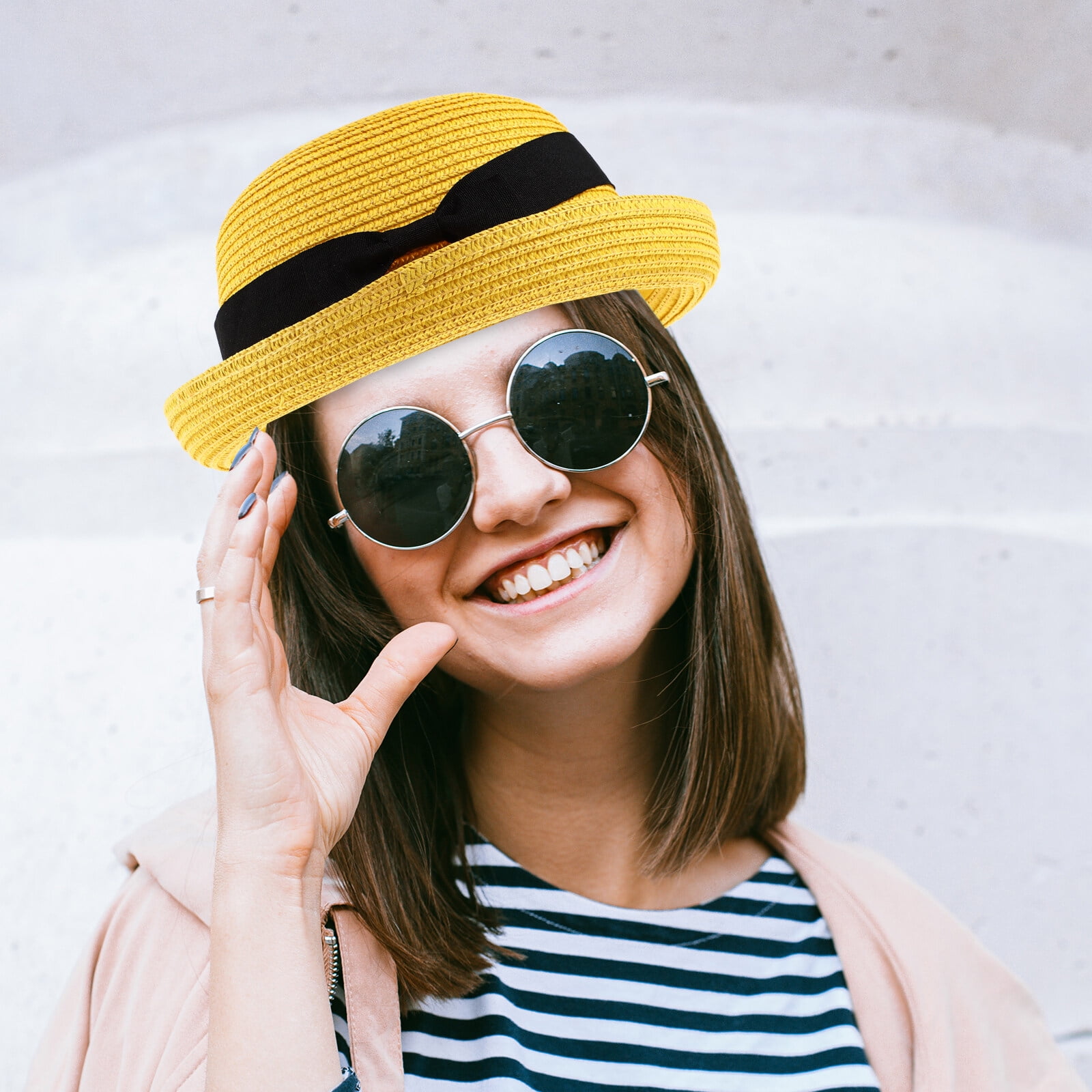 Fashion Womens Girls Bowknot Roll Up Wide Brim Dome Straw Summer Sun