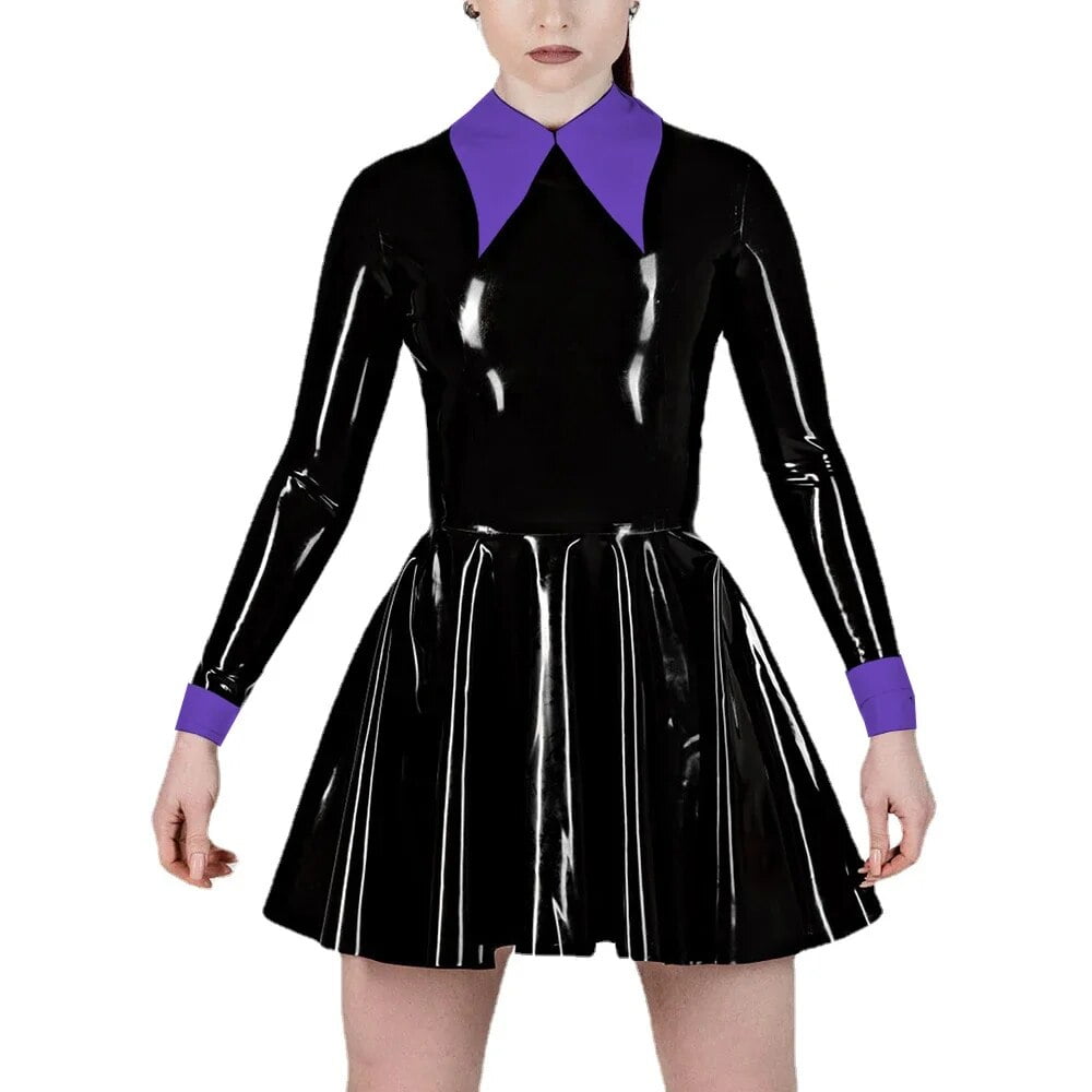 Fashion Women's Lapel Collar Fake Two Pieces A-Line Pleated Dress PVC ...